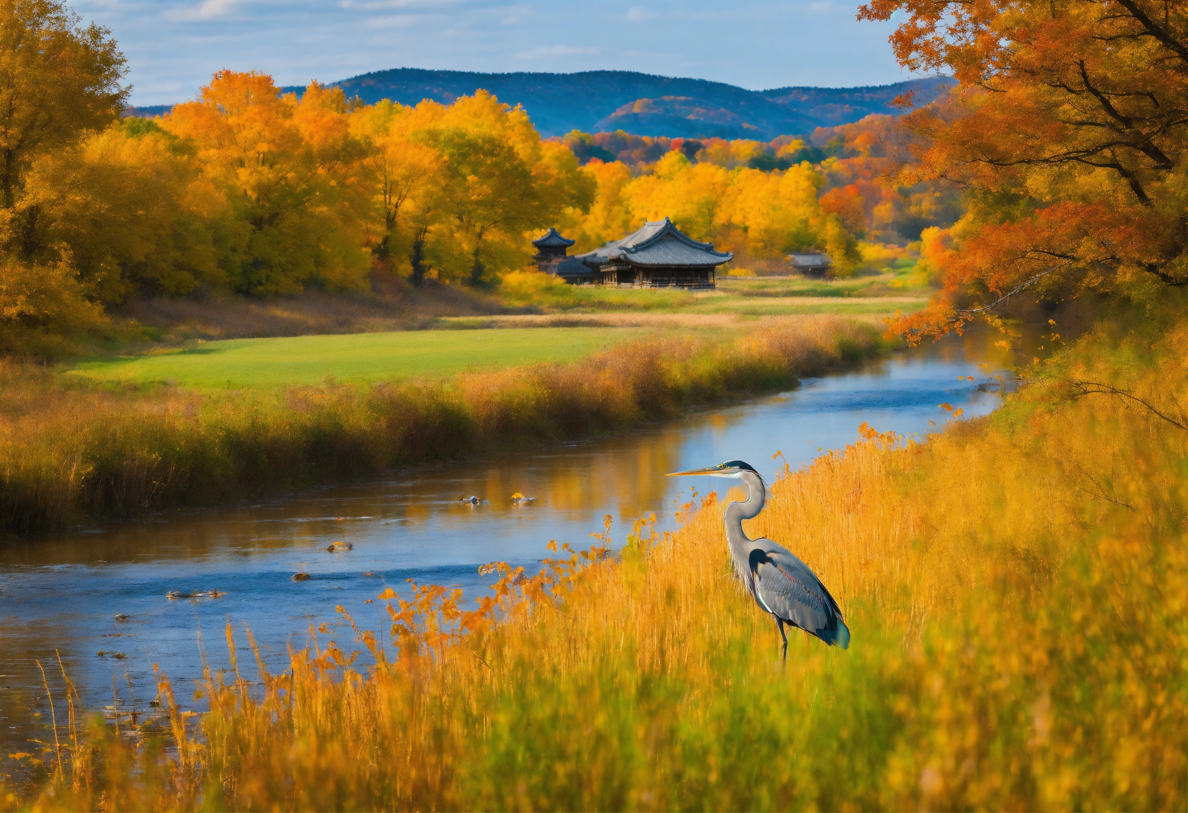 Lexica - Impressionistic, wooden Hanok on a hill in background with a ...