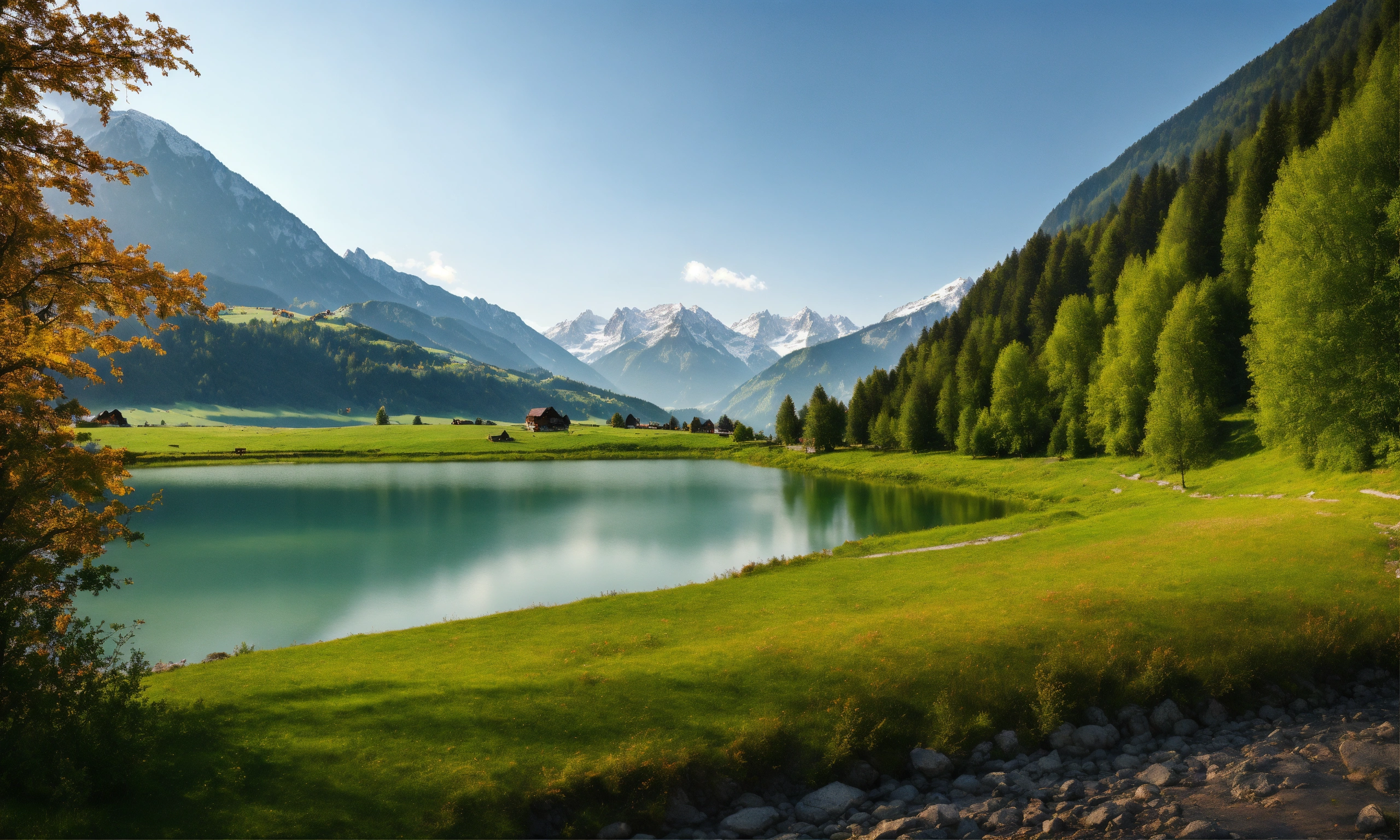 Lexica - Beauty landscape near mountains, lake, with hills and trees in ...