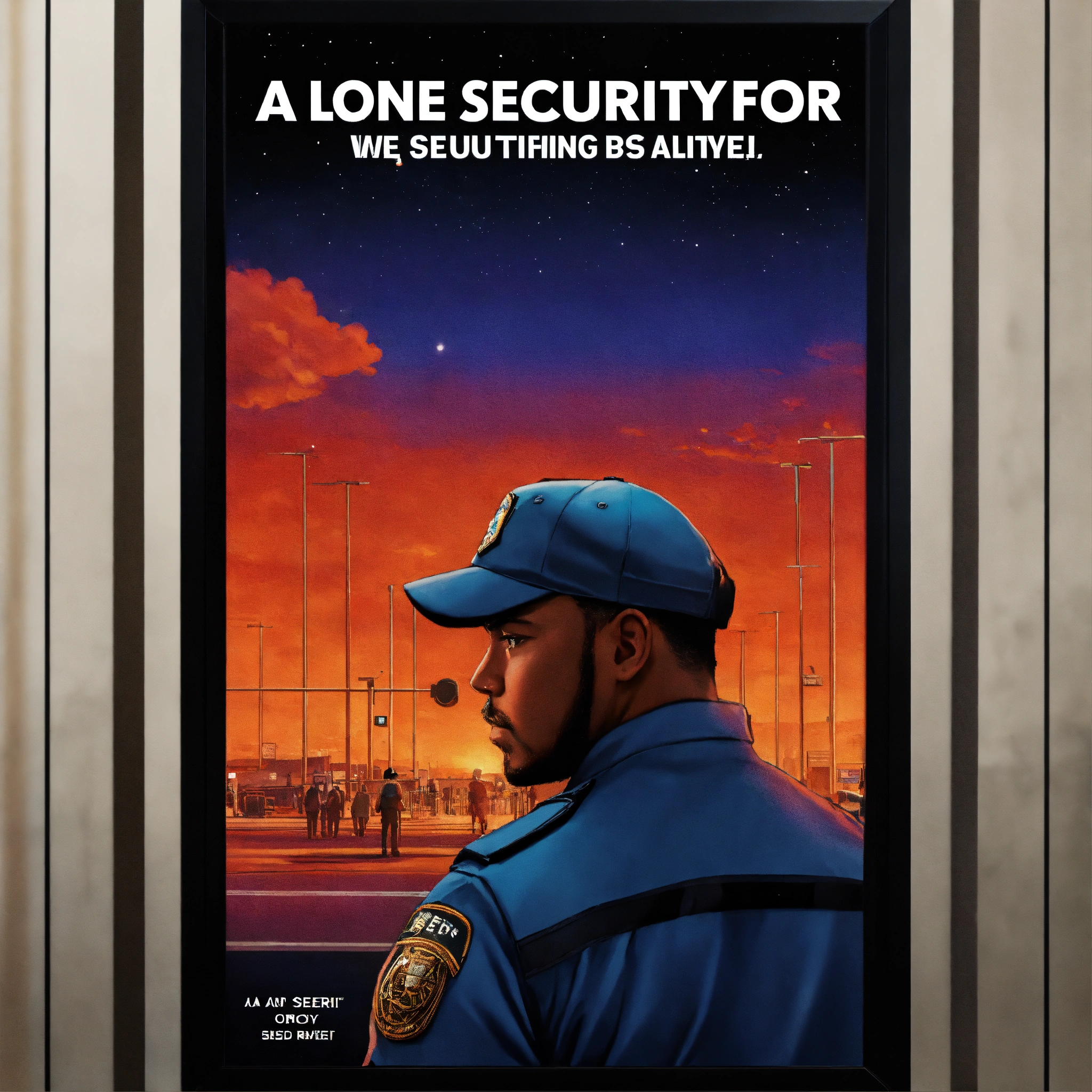 Lexica - A lone security officer wearing a dad hat, movie poster style