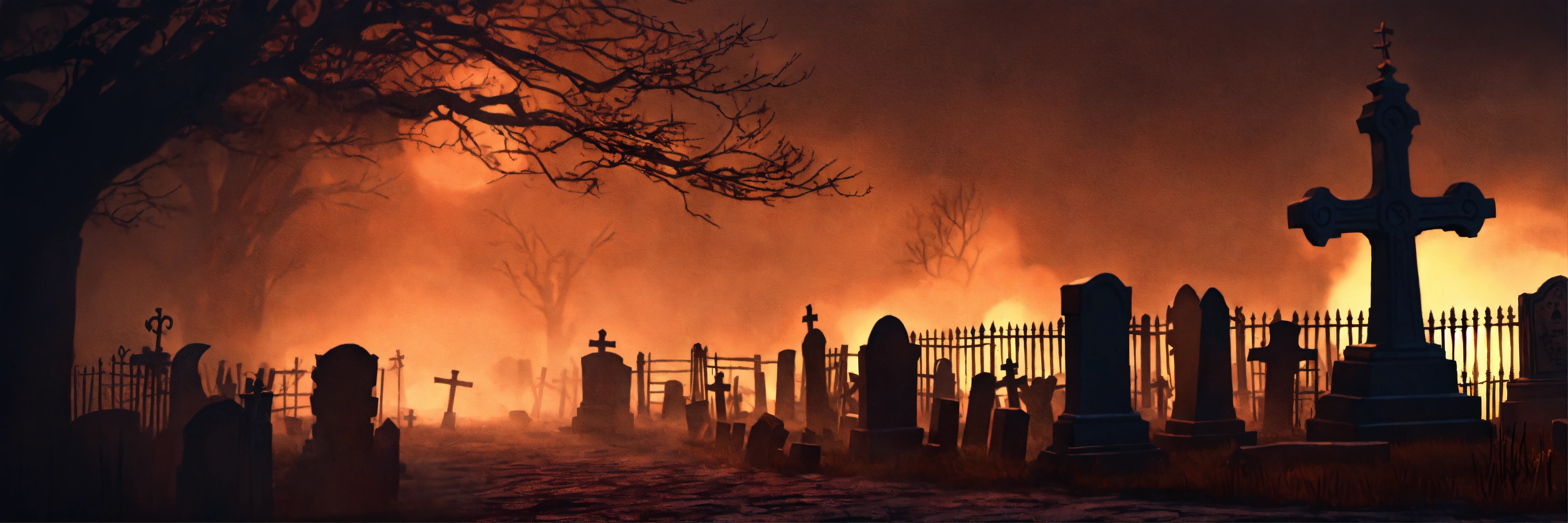 Lexica - Dark spooky graveyard at night with lots of fog, skeletons ...