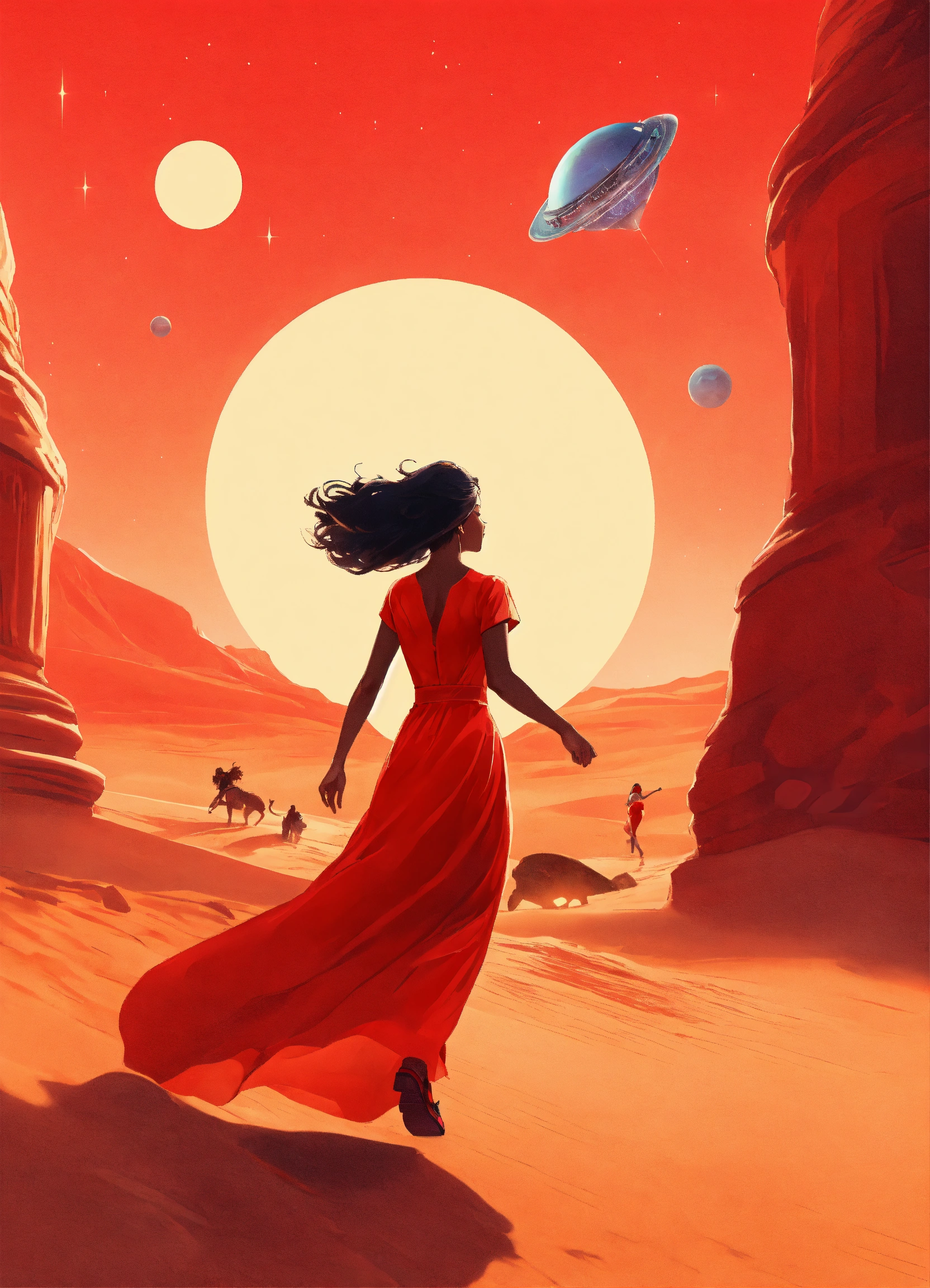 Lexica - Woman running through a sahara place in a long red dress ...