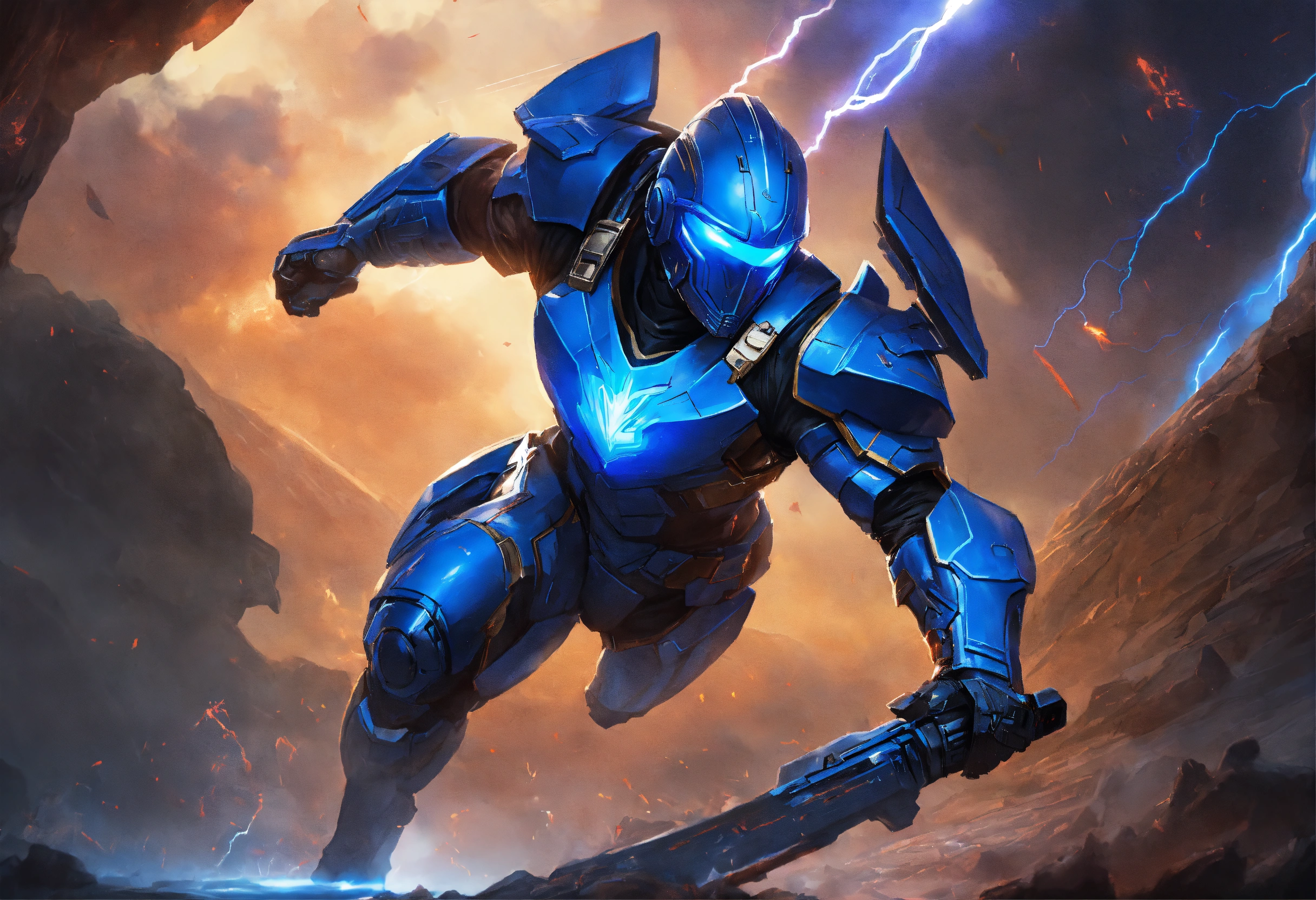 Lexica - Soilder in blue futuristic armor fly over the battleflied ...