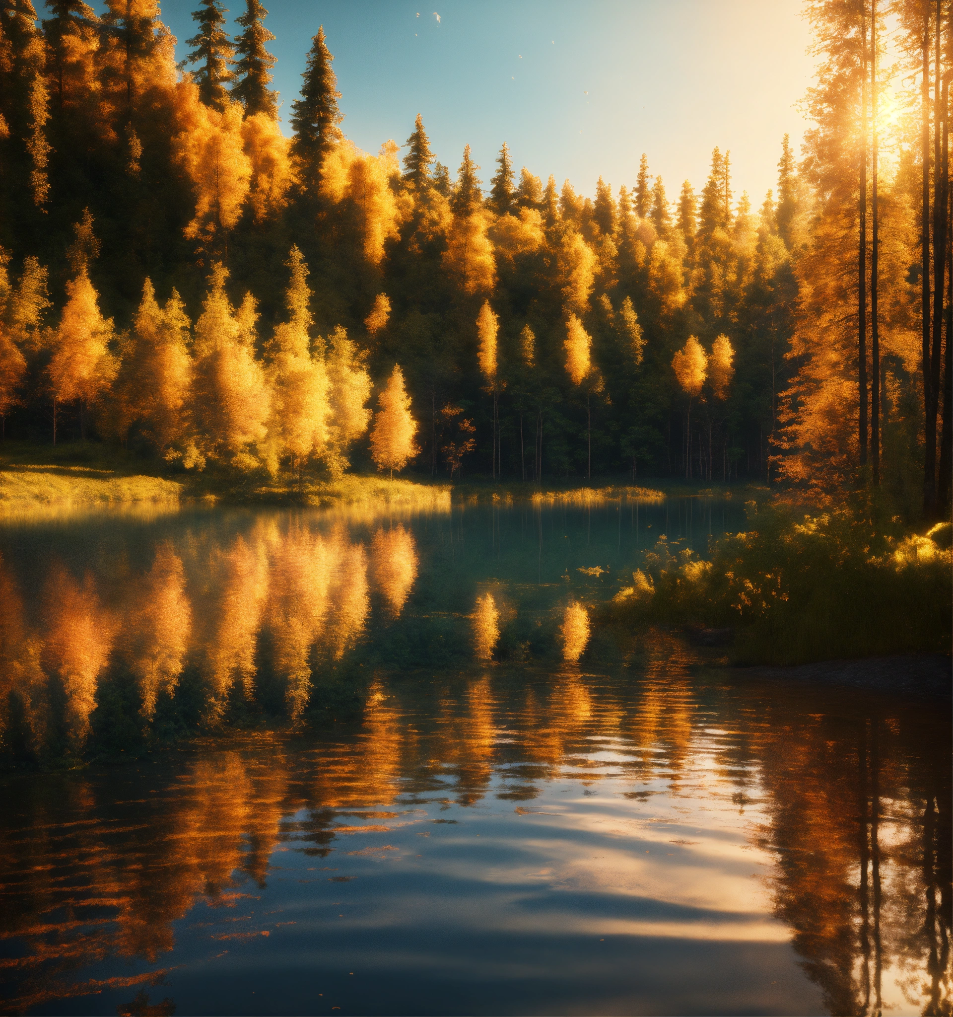 Lexica - Lake in a forest, golden hour, ray tracing reflection, 8 k ...