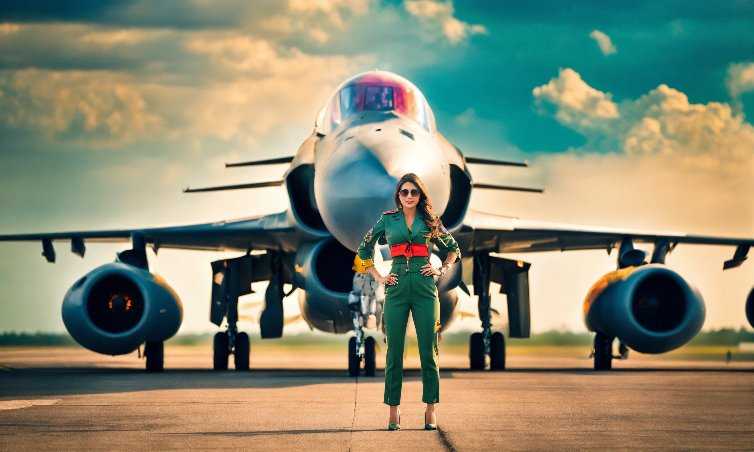 Lexica - Cool businesswomen standing in the front of a big military jet with pilots from the ...