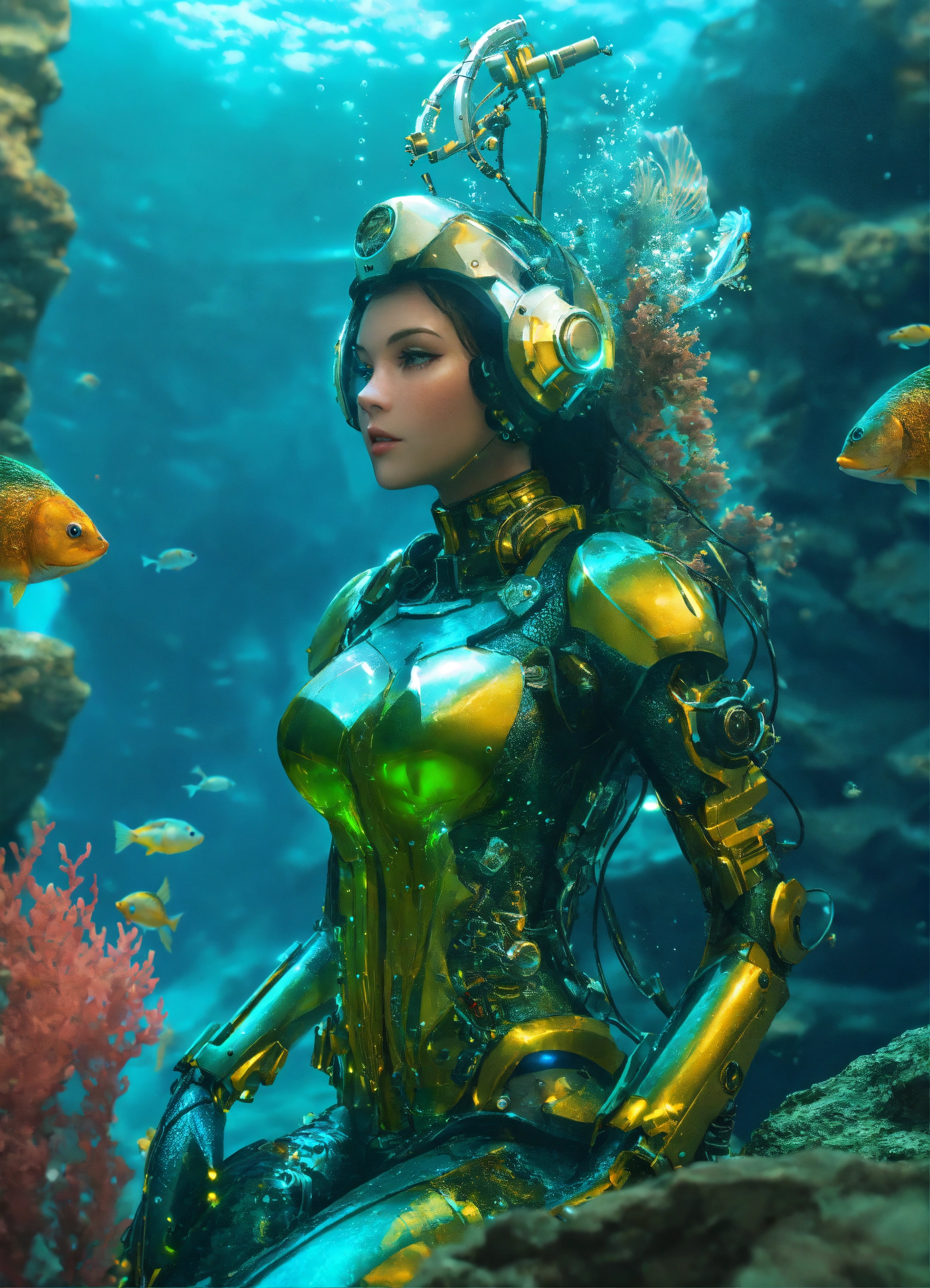 Lexica - A android mermaid in her mechanical outfit under an underwater ...