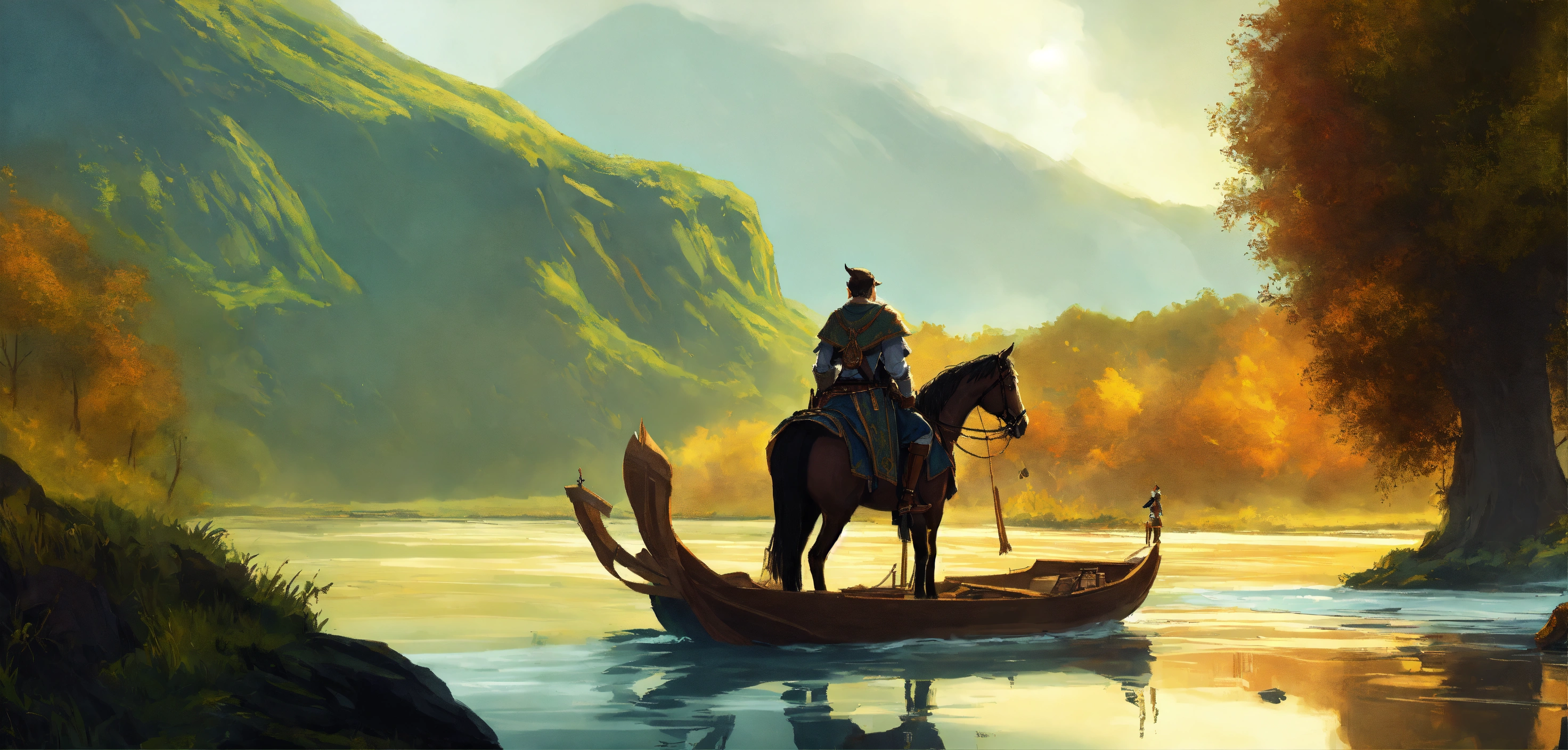 Lexica - Fantasy setting, elf merchant on horseback standing on a river ...