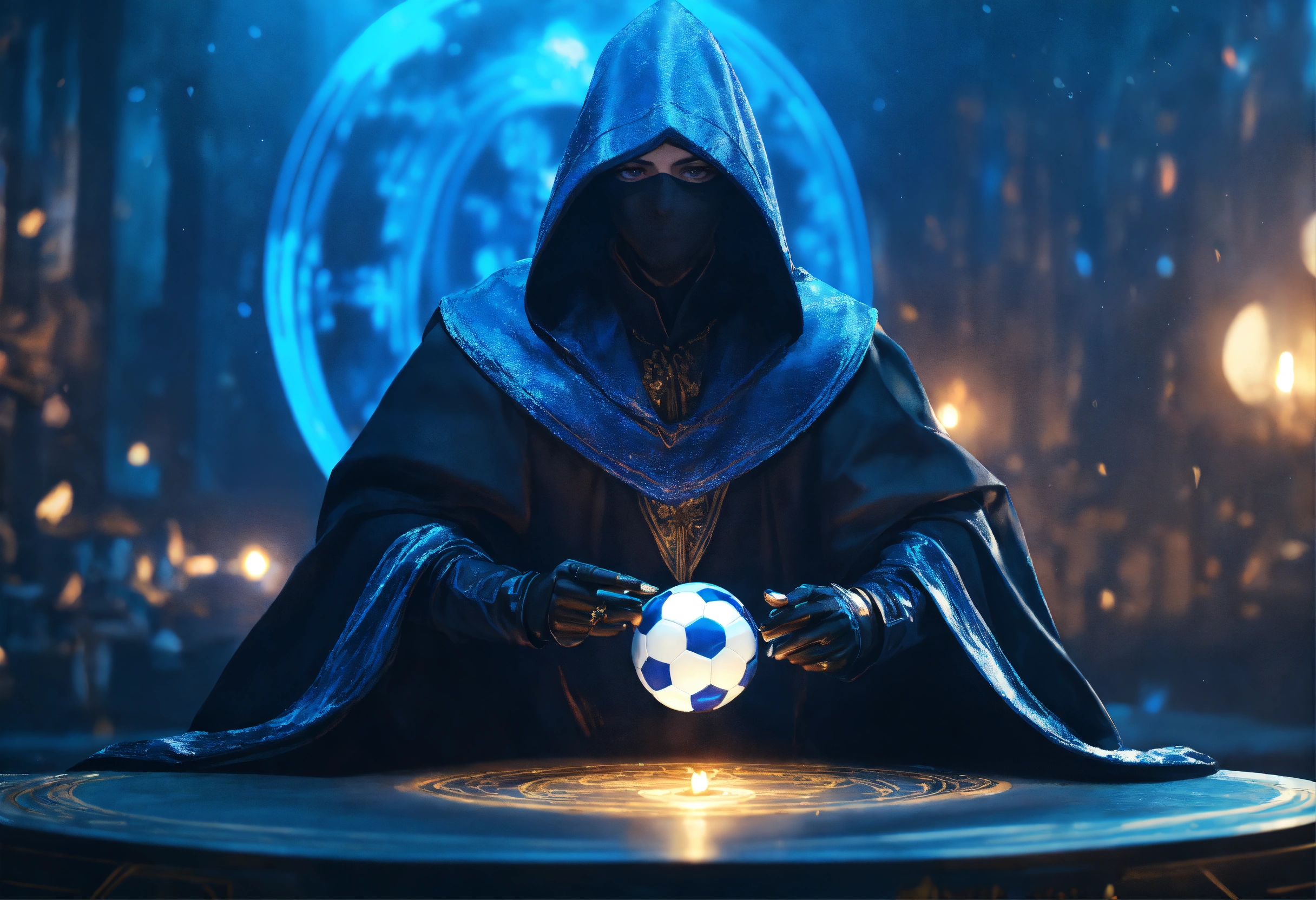 Lexica - A black and blue cloaked masked wizard casting a spell, soccer ...