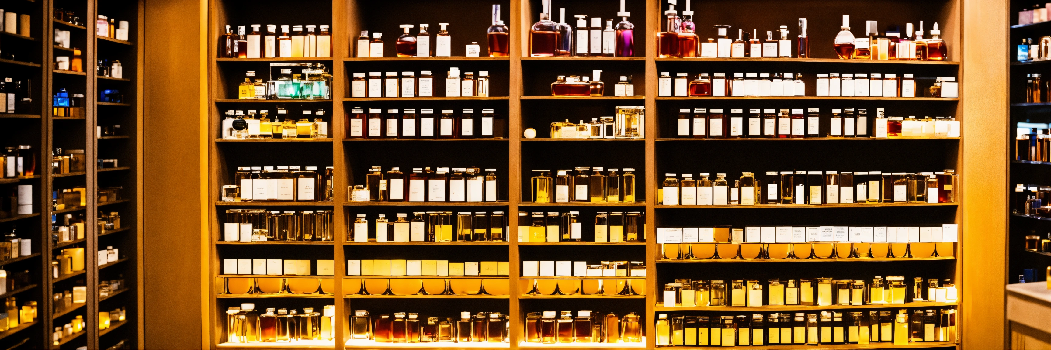 Lexica - Wide view, inside a modern perfume laboratory, perfume bottles ...