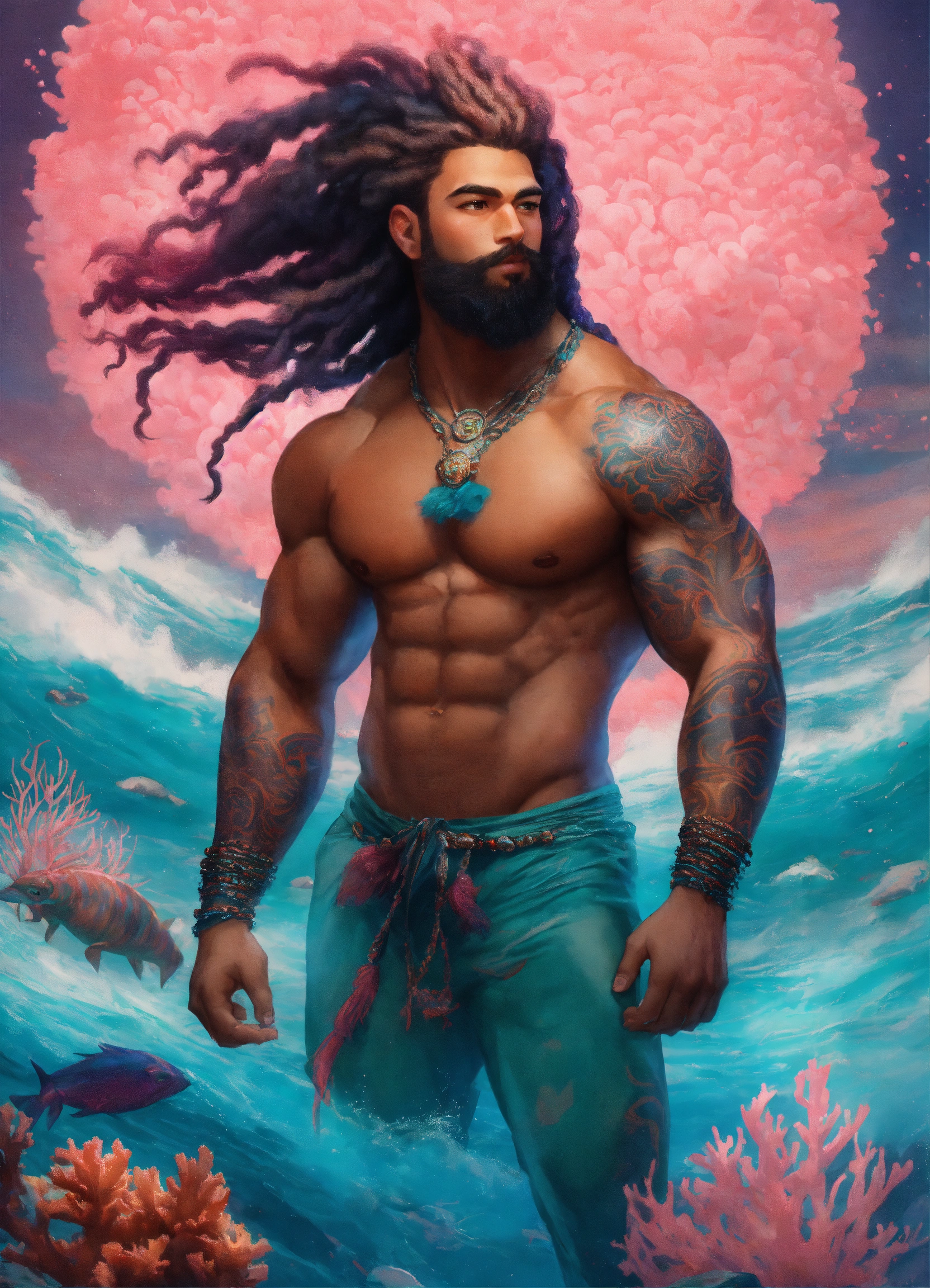 Lexica - A buff muscular Merman scales Blue skintone with pink coral ...