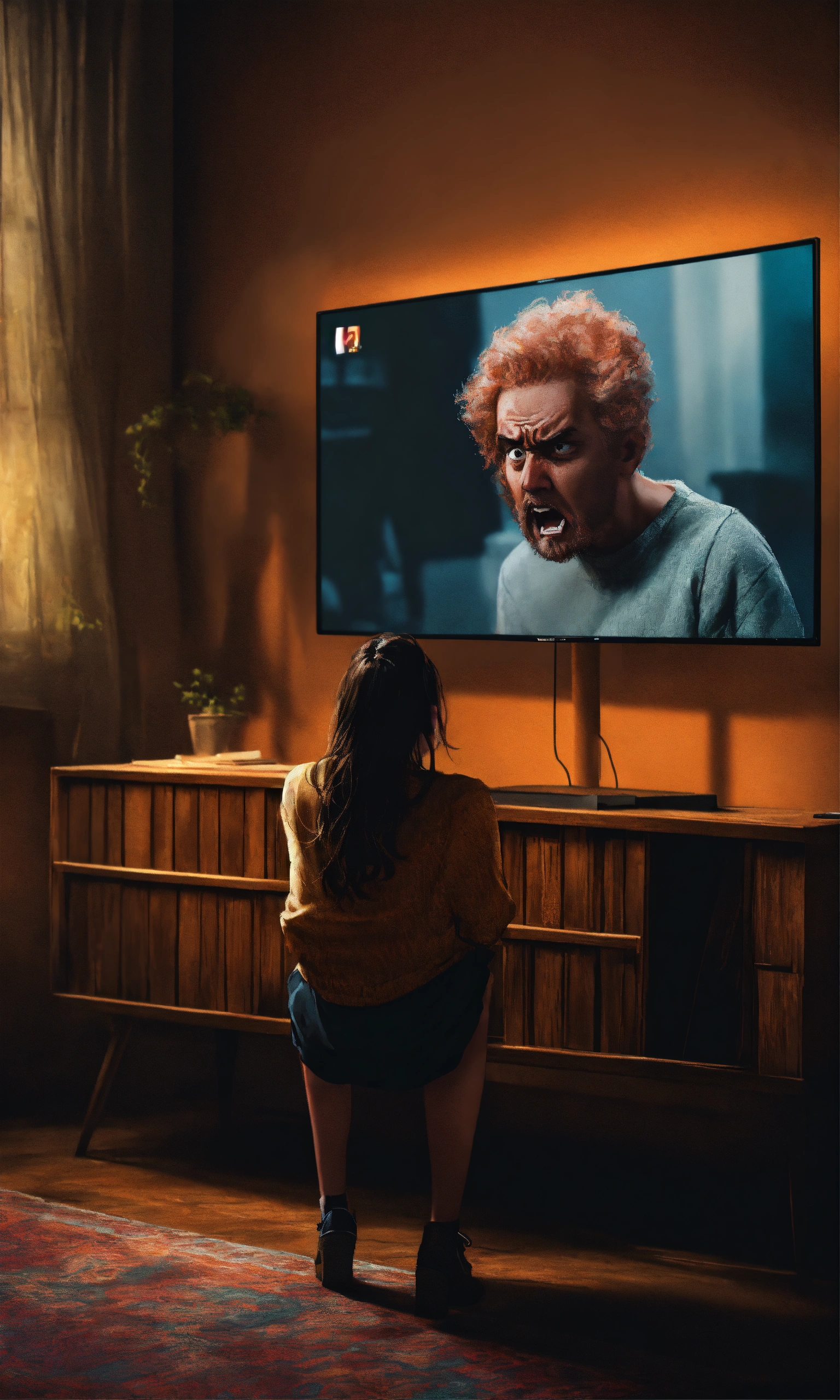 Lexica - A scared and angry person watching a TV with distressing ...