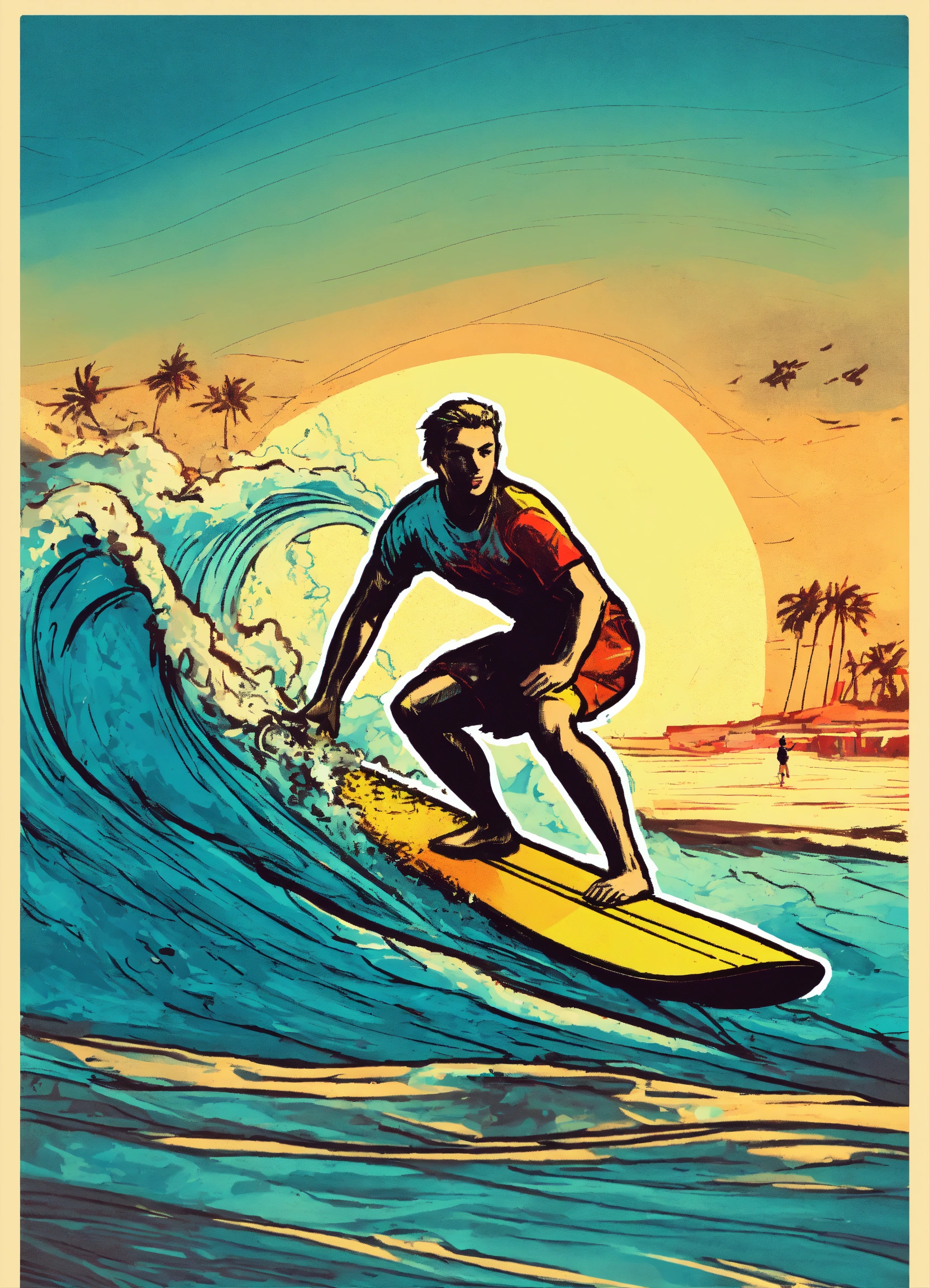 Lexica - A surfer on the surfboard, sticker, comic sketch look