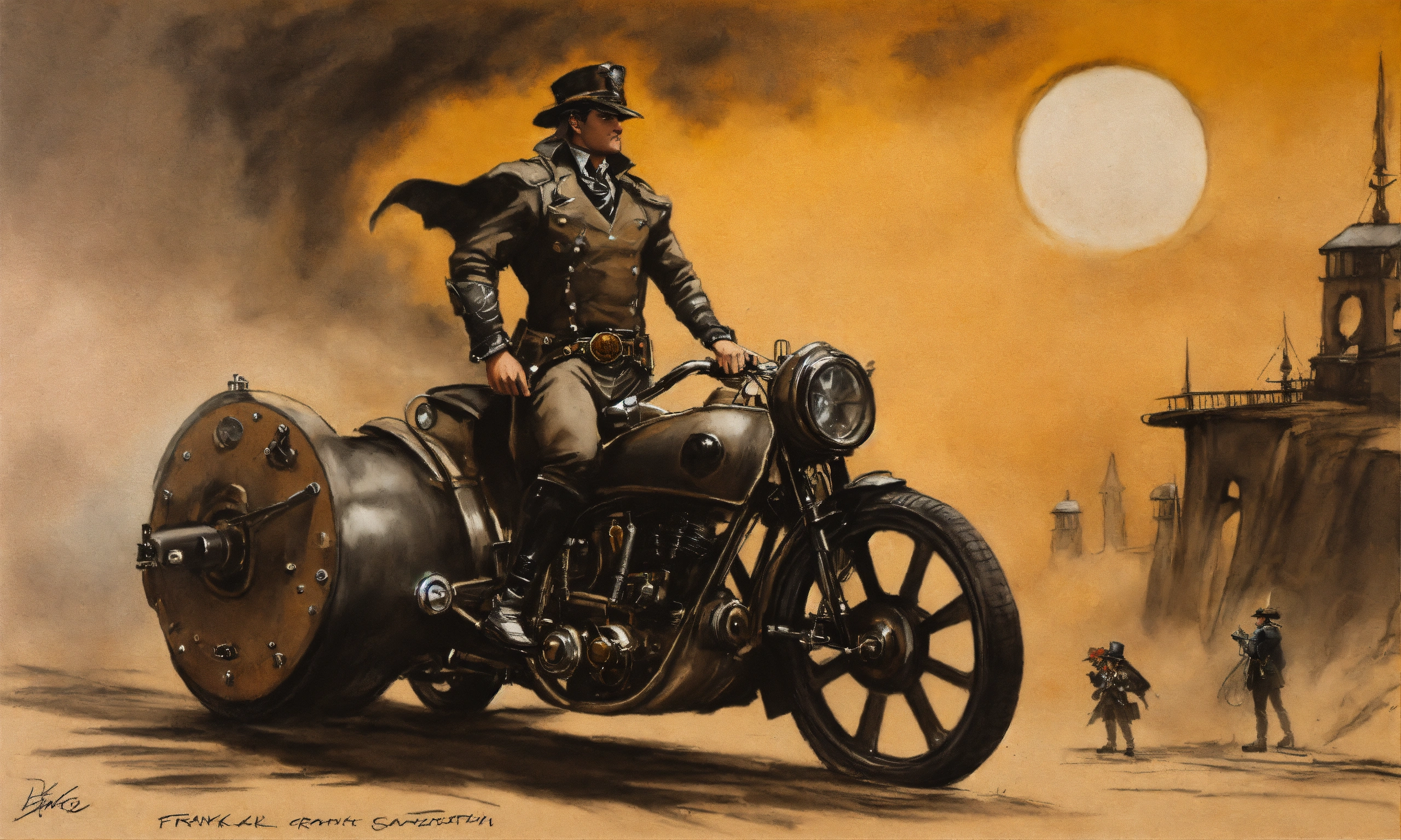 Lexica - Charcoal drawing, steampunk hero, frank frazetta style