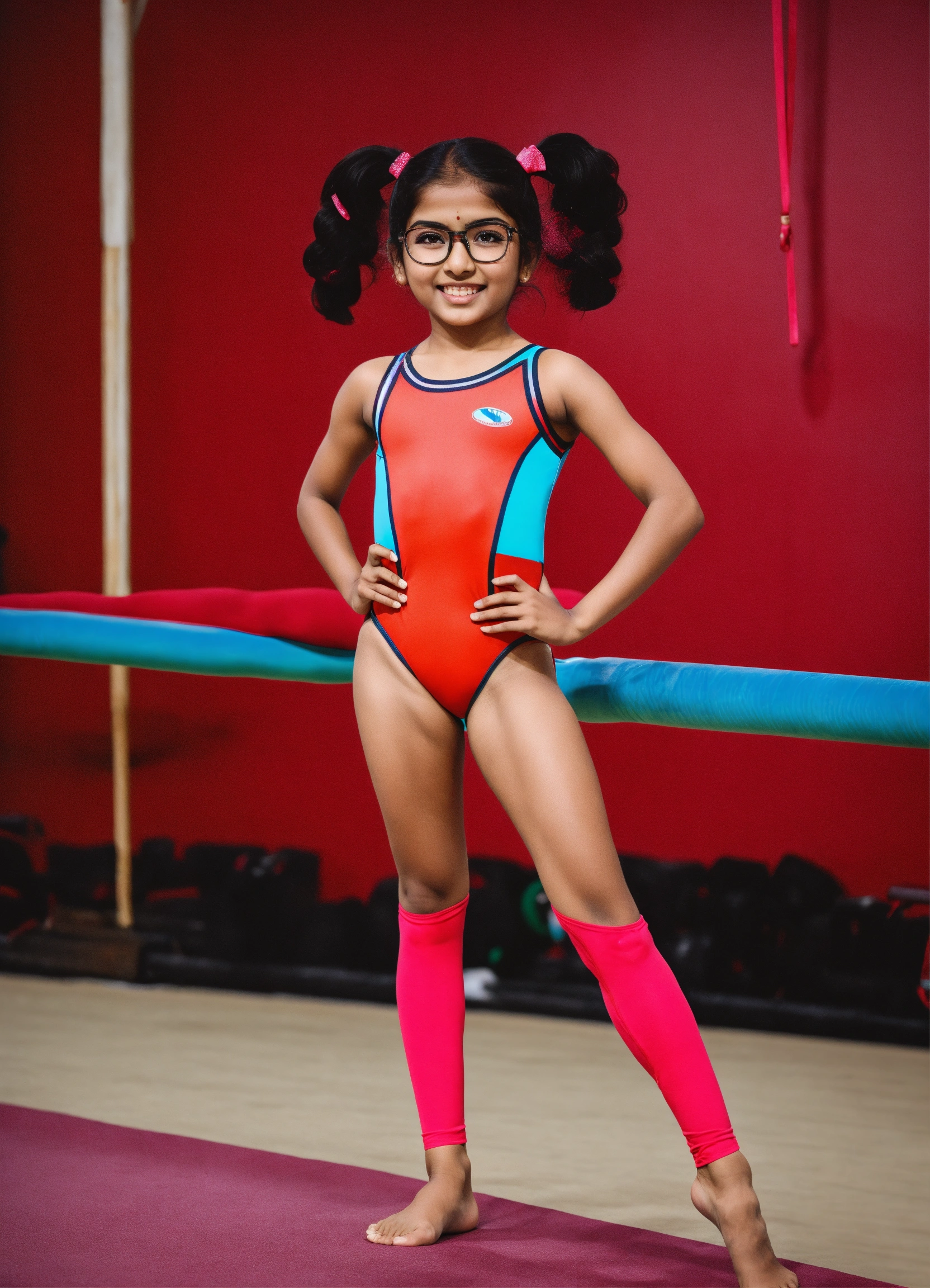 Lexica - Slim indian Girl with twin tails and glasses in gymnastics leotard
