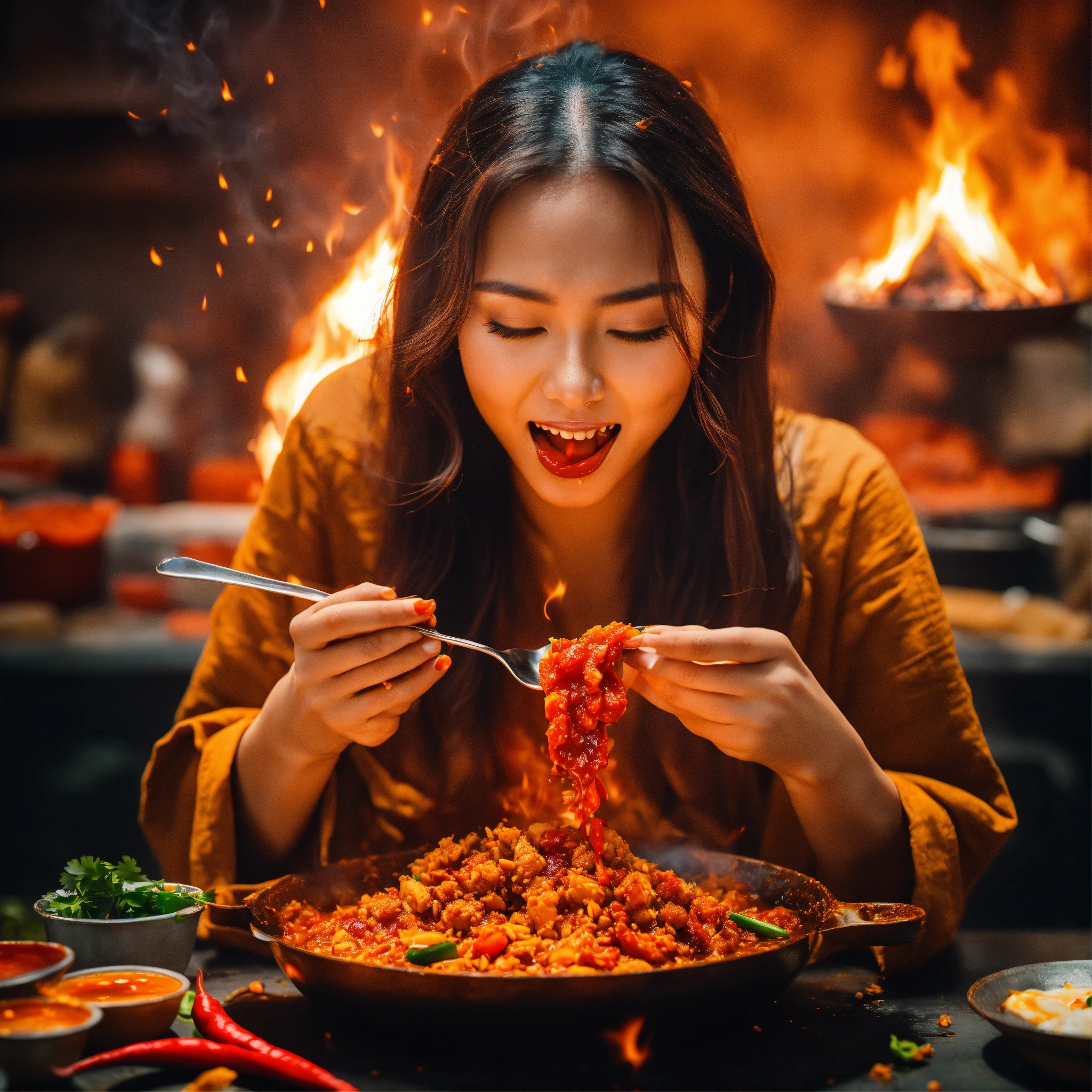 Lexica - A woman eating spicy food, tongue is burning, include fire ...
