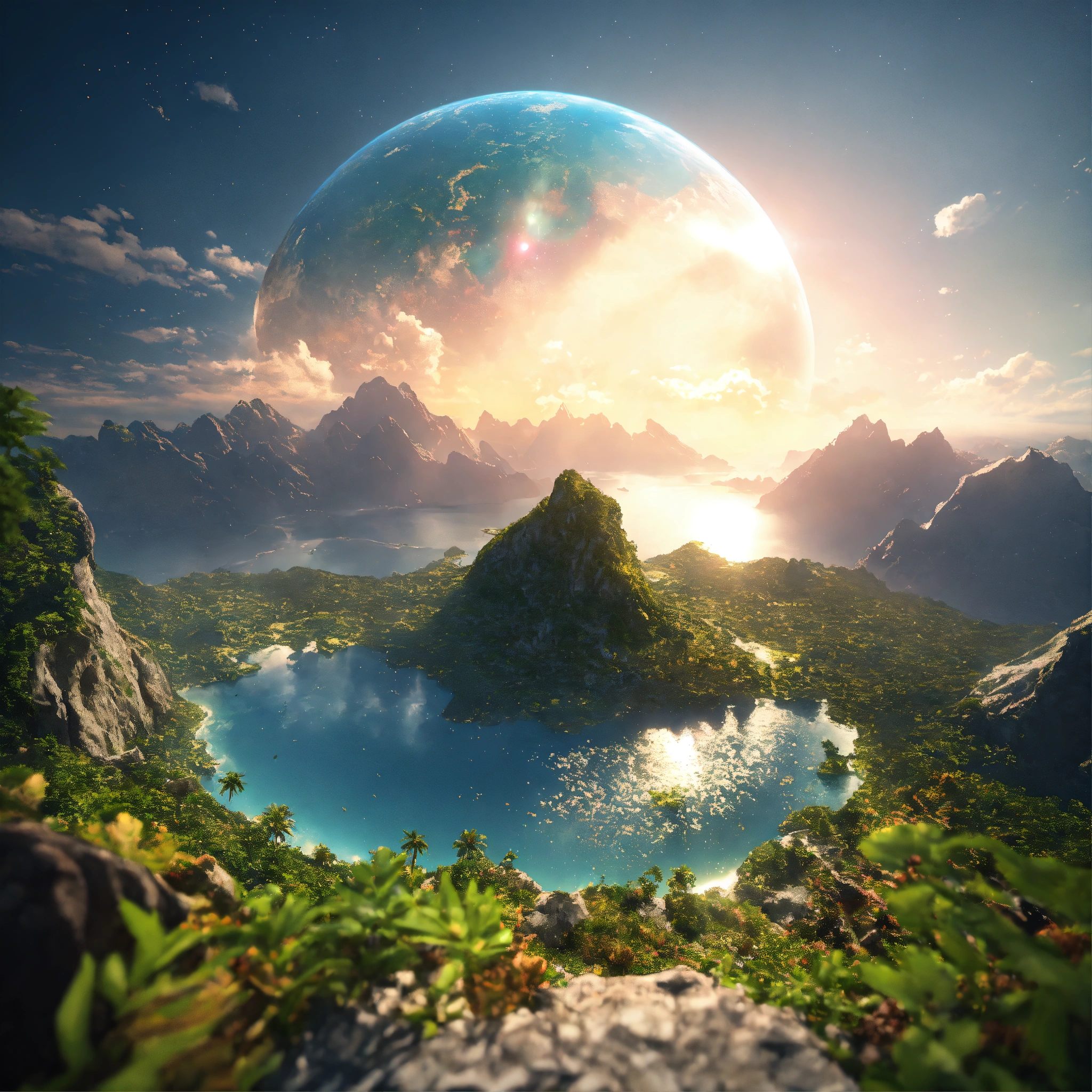 Lexica - Island with one little planet in background, being ...