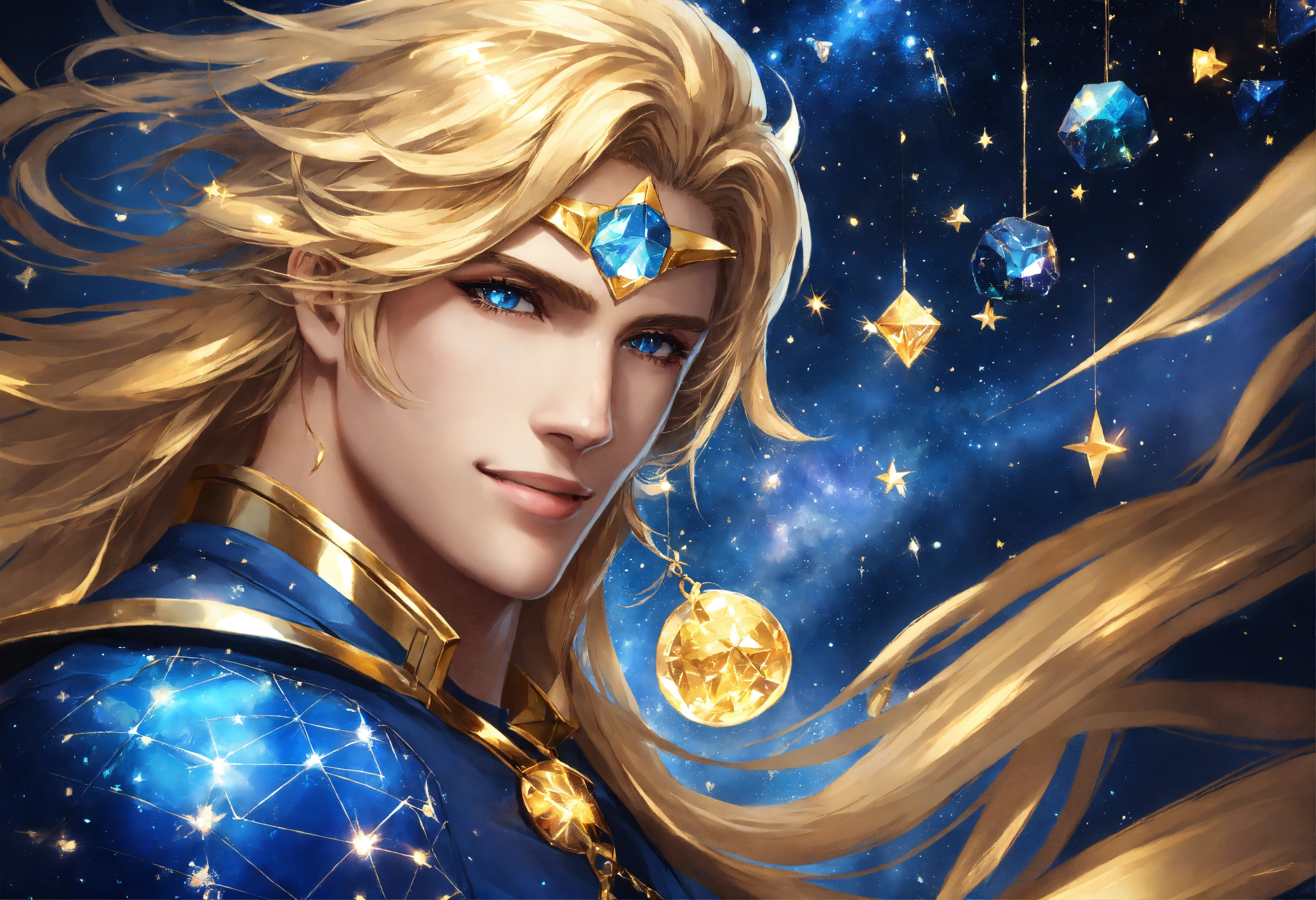 Lexica - Beautiful faces cosmic men long blond hair, smiling, blue and ...