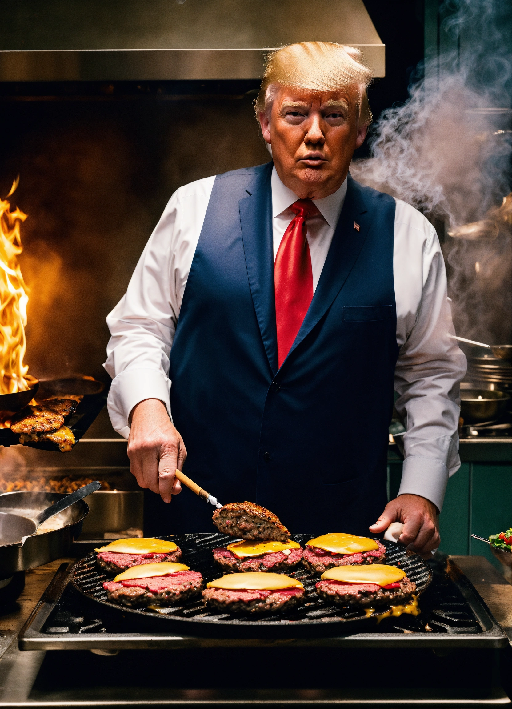 Lexica - Donald trump cooking burgers on a hot plate. half smoked ...