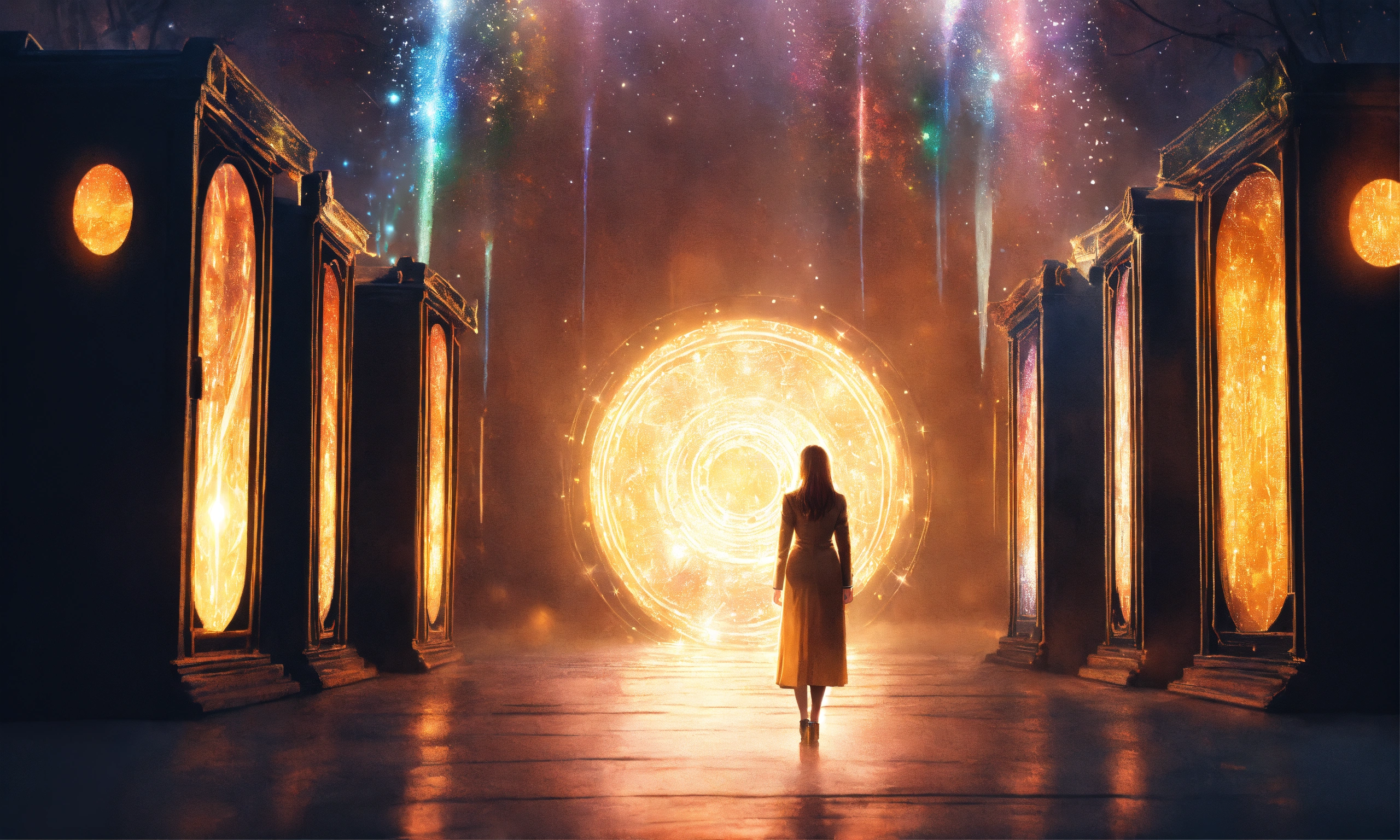 Lexica - Create an image of a woman from behind looking at five portals ...