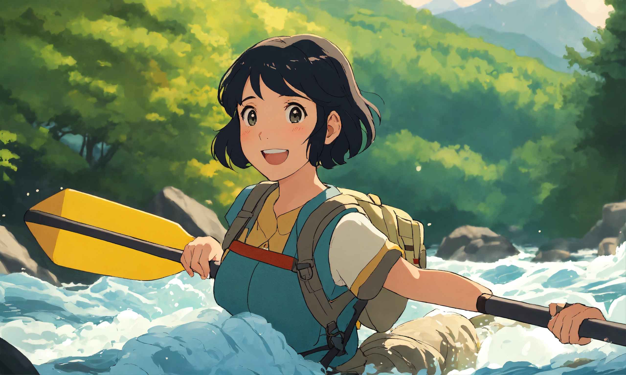 Lexica - In a Studio Ghibli-inspired style, depict a girl with short ...