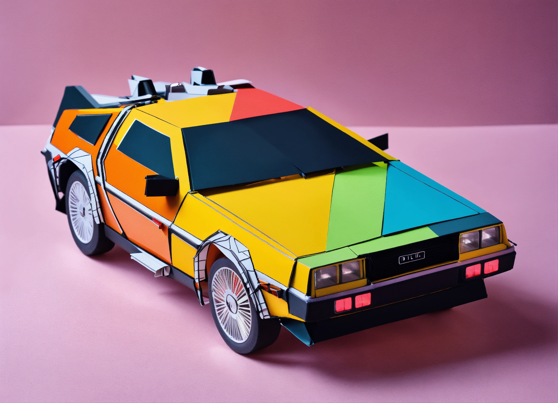 Lexica - Half-built DeLorean with colourful paper and woord origami ...