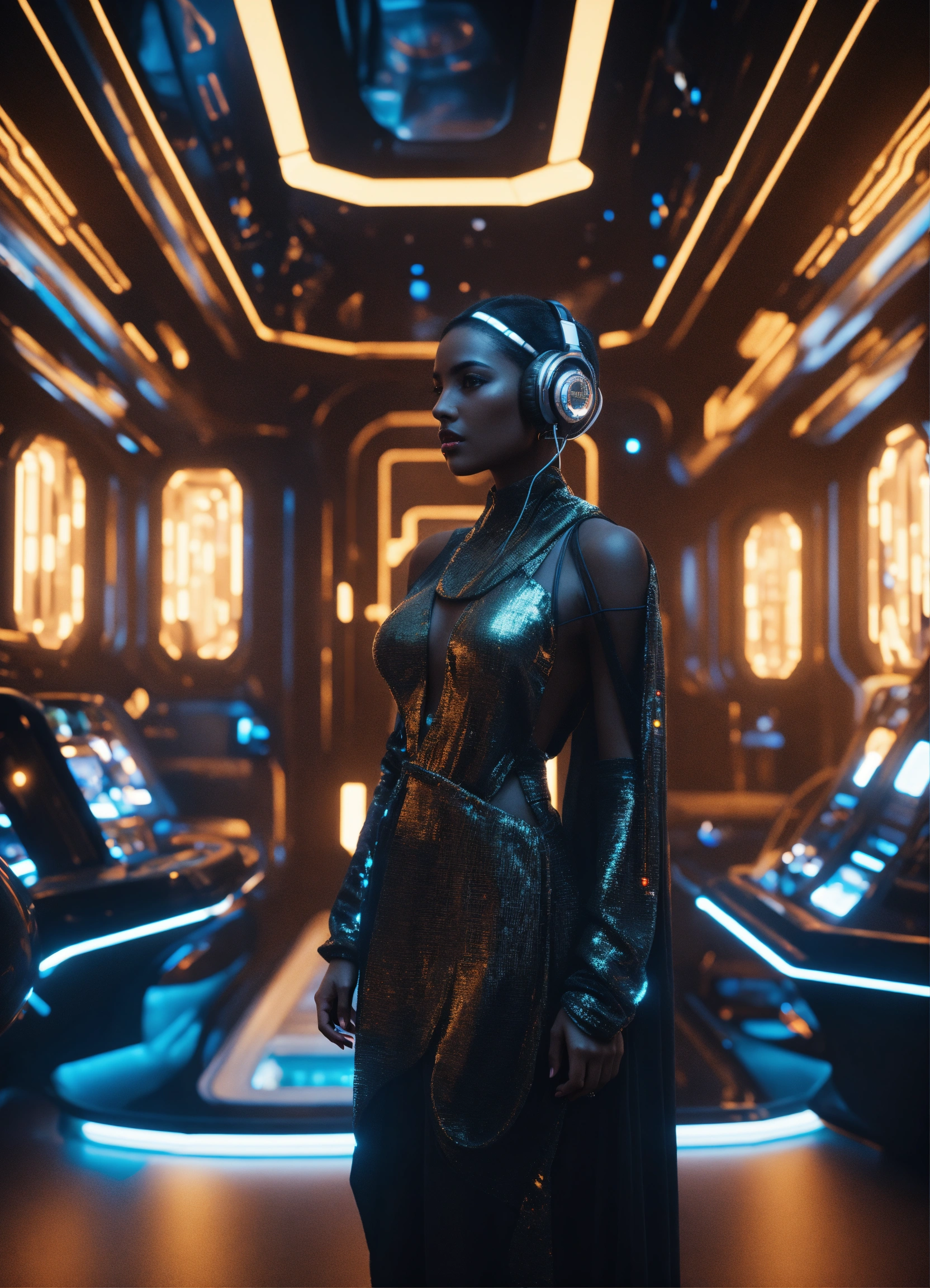 Lexica - Zoom out from a black beautiful faced humanoid, wearing a ...