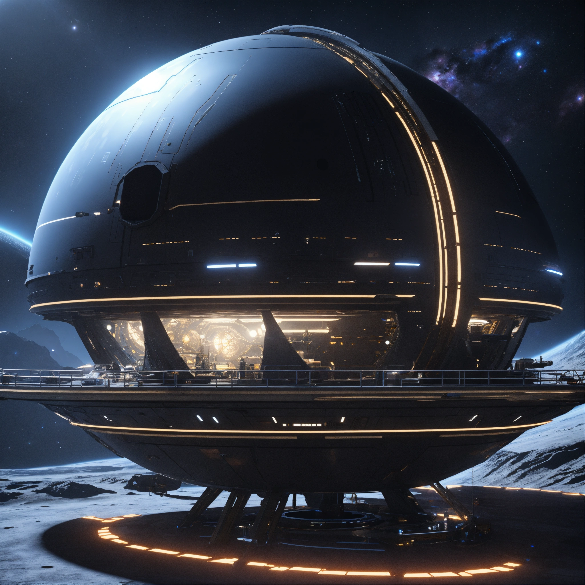 Lexica - Dark alien space craft docked in space on a star dock on an ...
