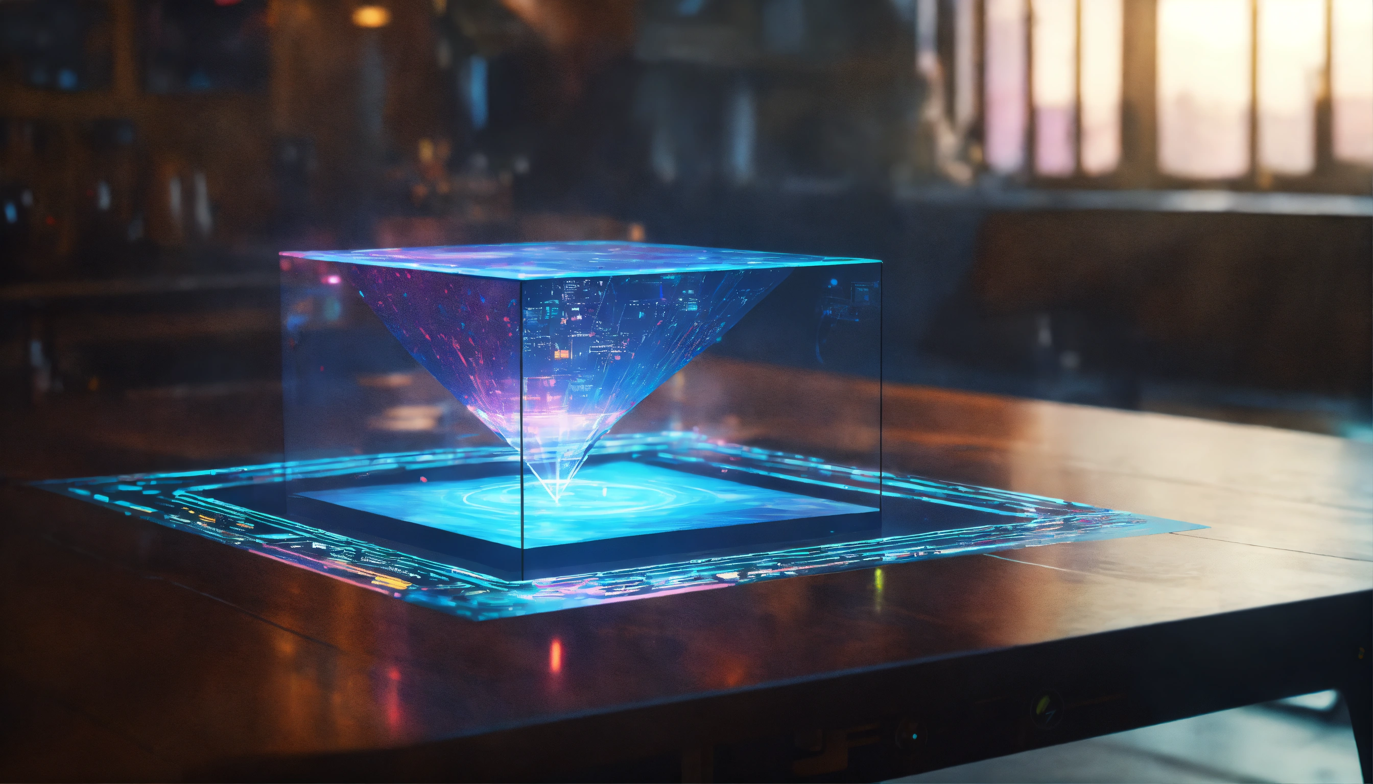 Lexica - Vertical hologram image flying in the air, above the table ...