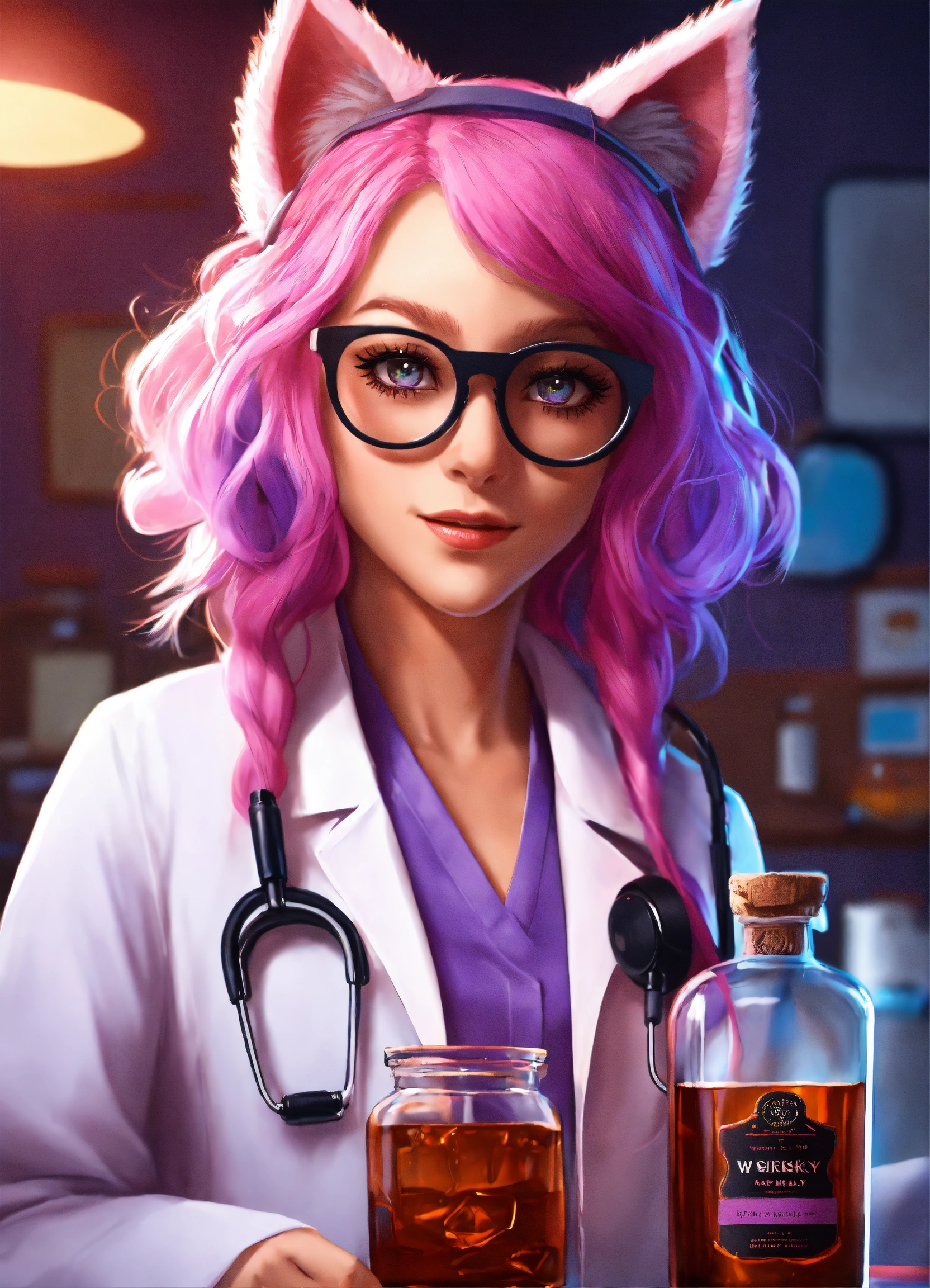 Lexica - Female doctor, with long pink hair, with cat ears color black ...