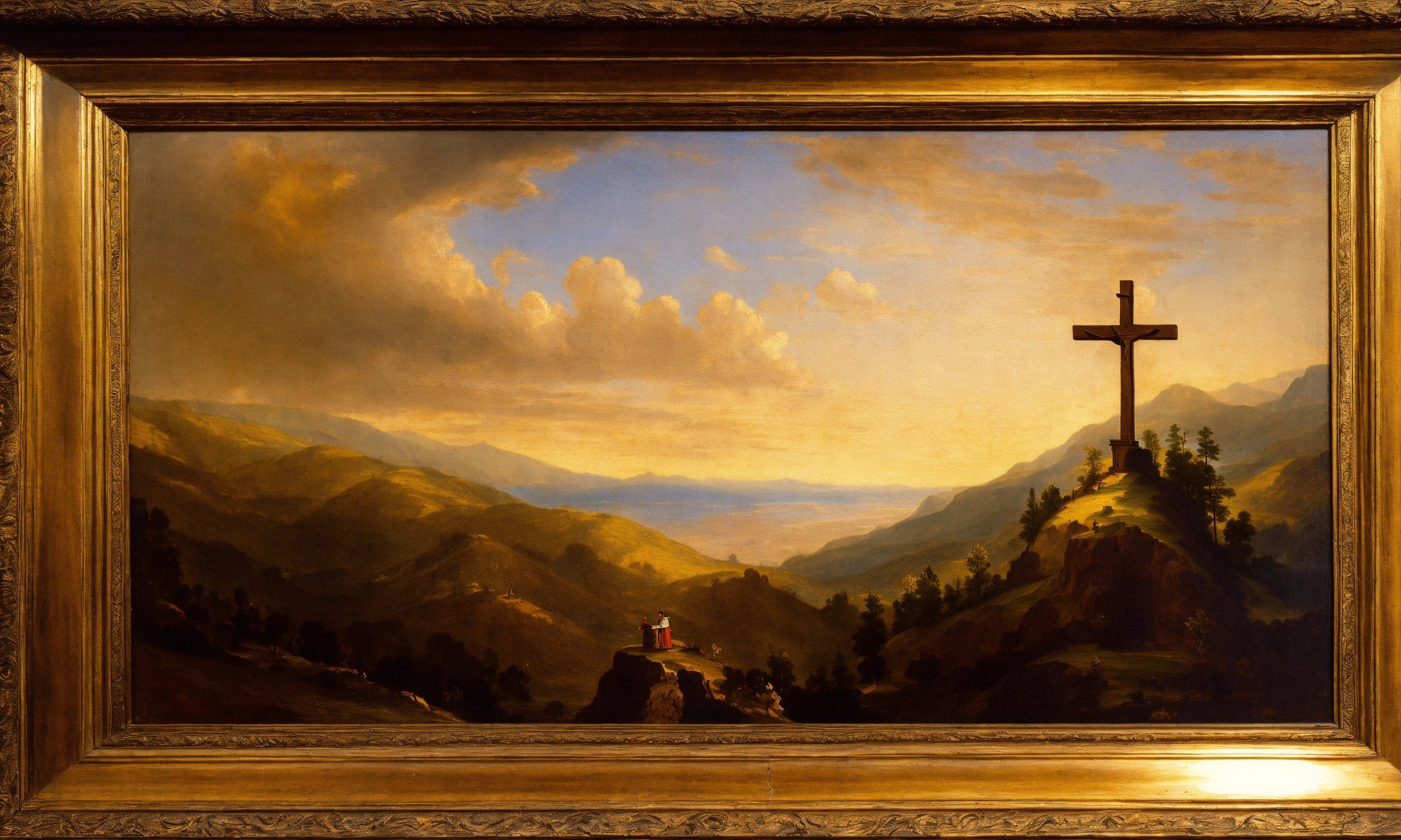 Lexica - Renaissance oil painting of a wooden cross on a mountain
