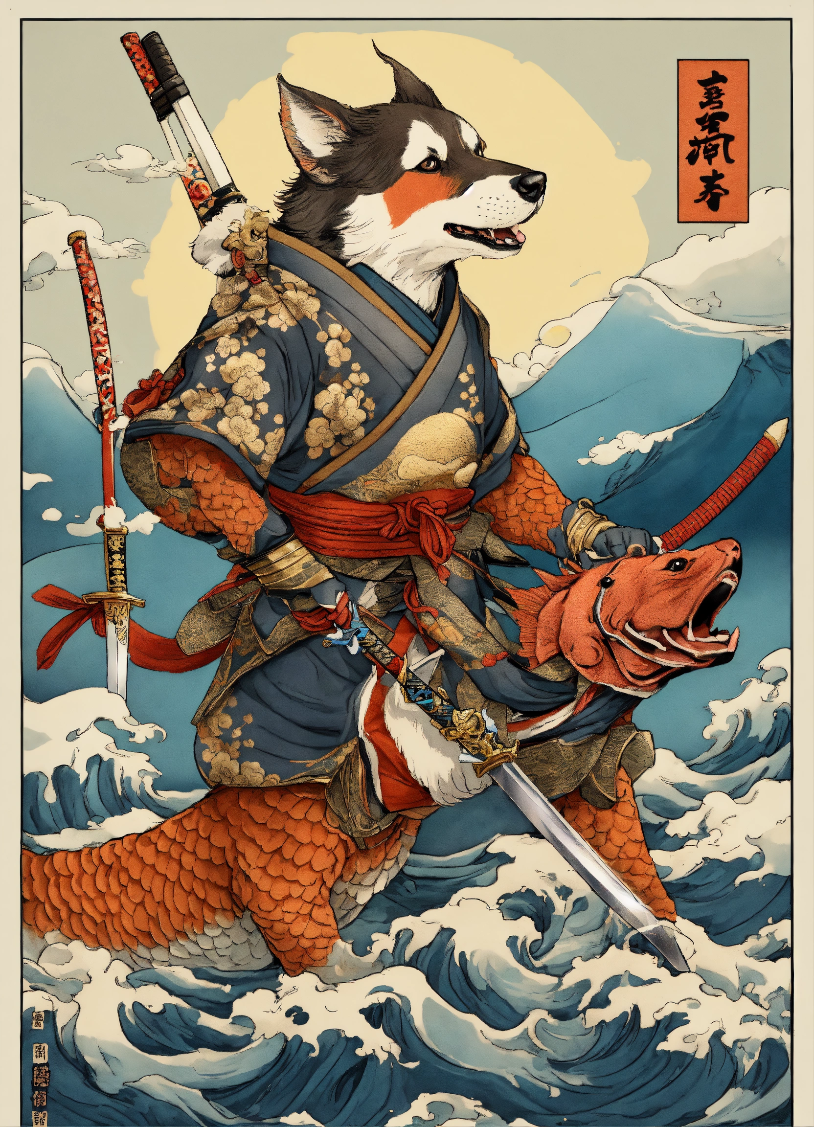 Lexica - There is a dog with a fish and a sword on a white background ...