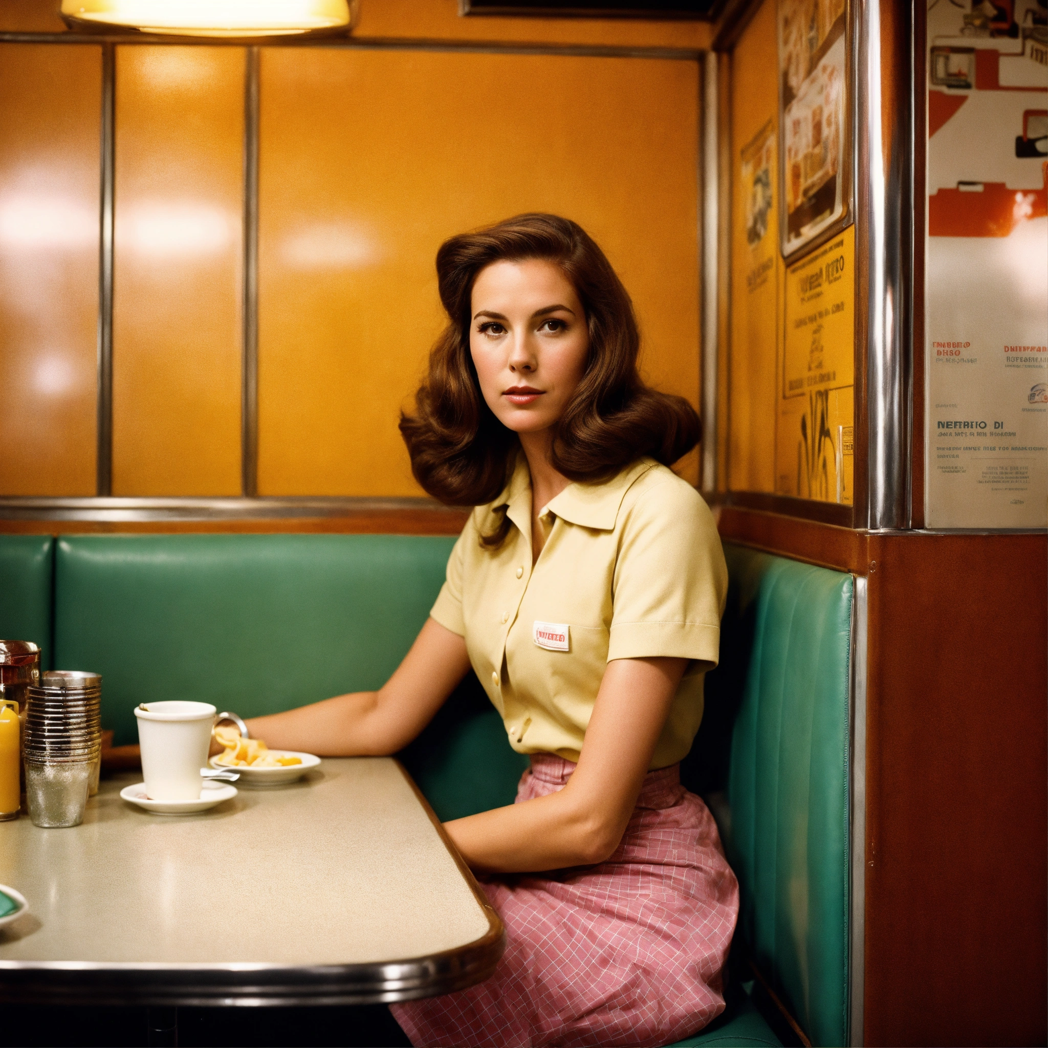 Lexica - A retro photograph of a woman sitting in a booth at a diner, a ...
