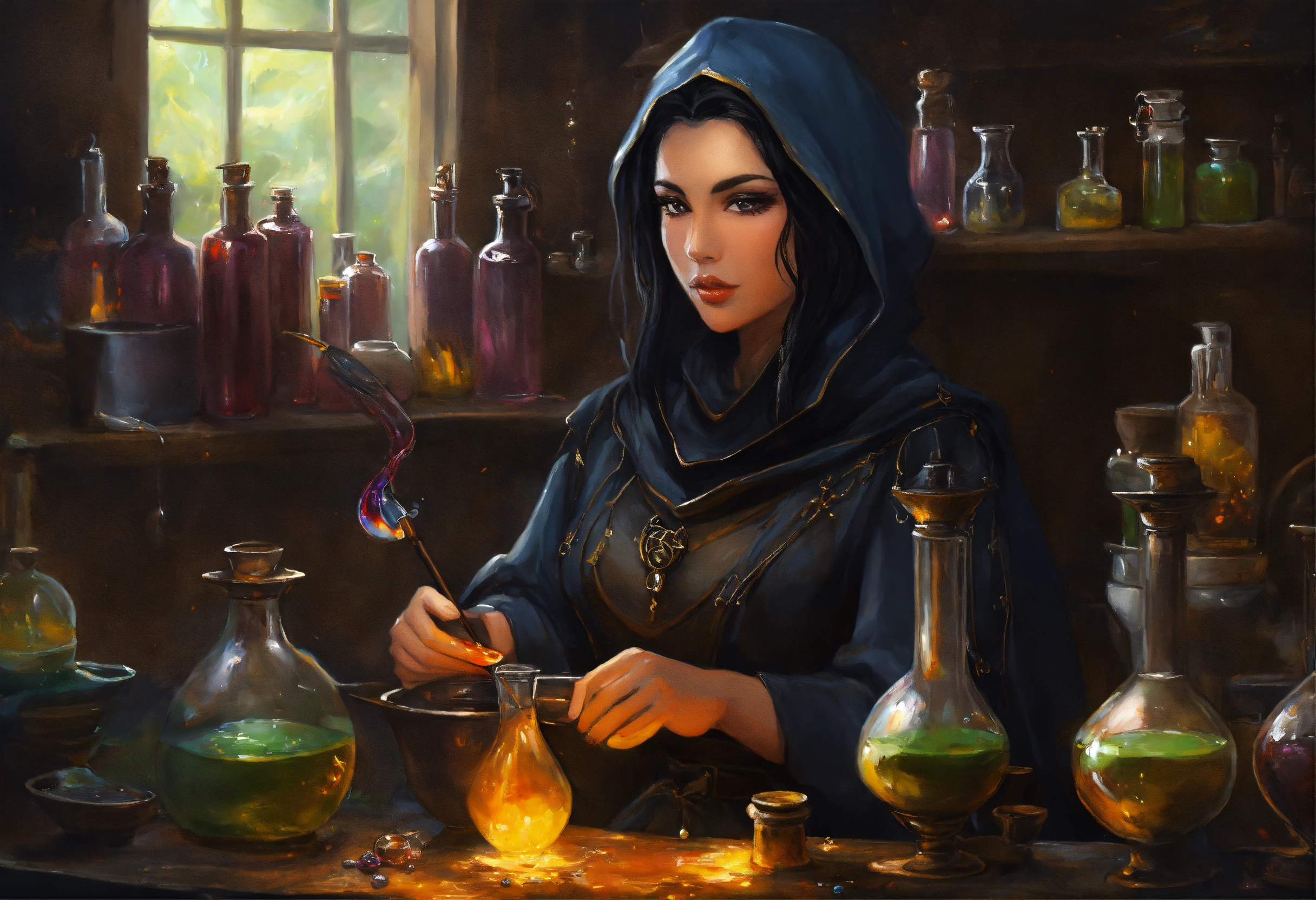 Lexica - Fantasy Painting, black haired black eyed in black cowl ...