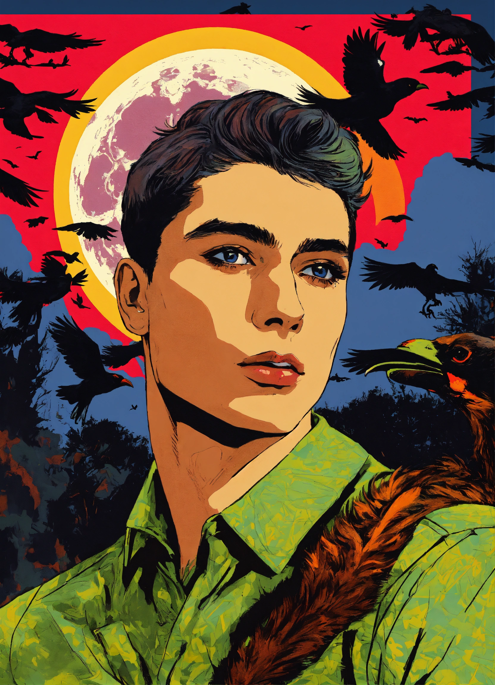 Lexica - Fit young man, crow, full moon, pop art
