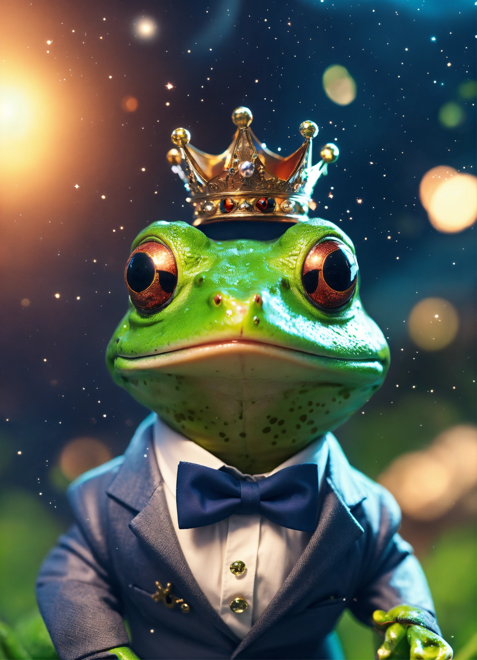 Lexica - Cute frog in suit and crown flying is astral in parallel ...