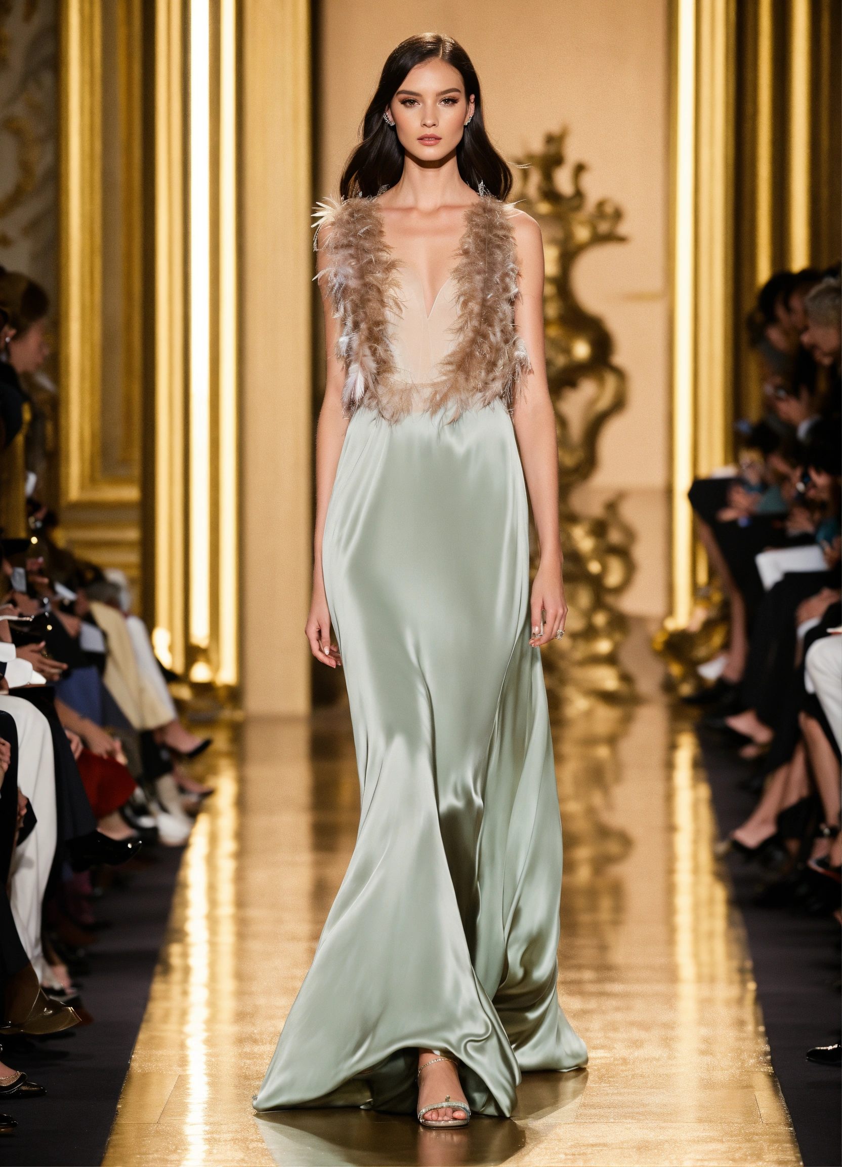 Lexica - An elegant, floor-length silk gown with feathers on the runway.