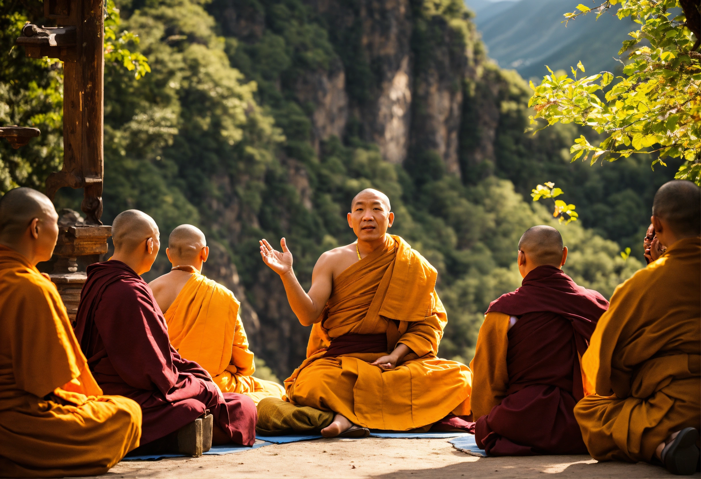 Lexica - Wise monk sitting with his both hands raised and other monks ...