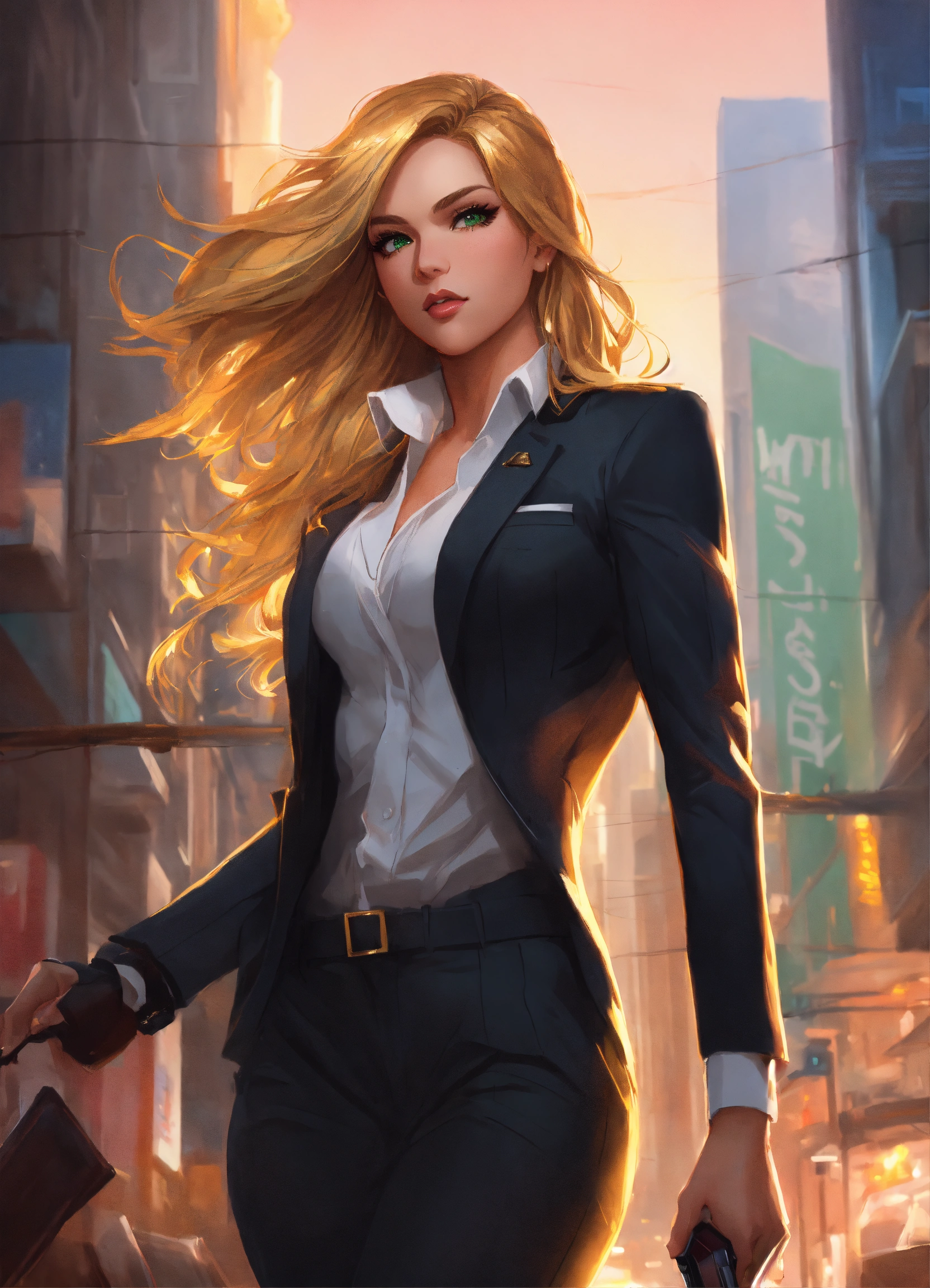 Lexica - Illustration of city, female fbi agent, green eyes, golden ...