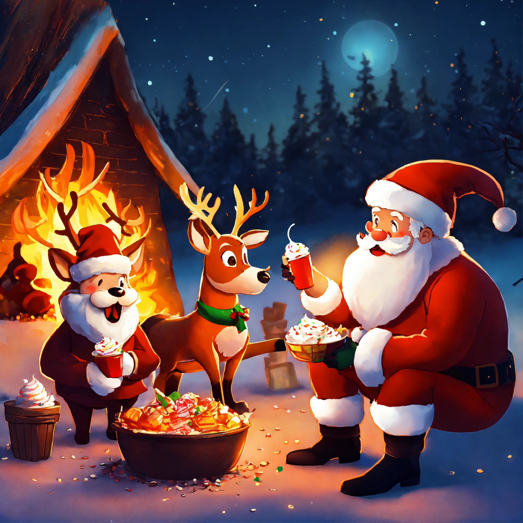 Lexica - Santa claus and rudolph eating a icecream around a bonfire ...