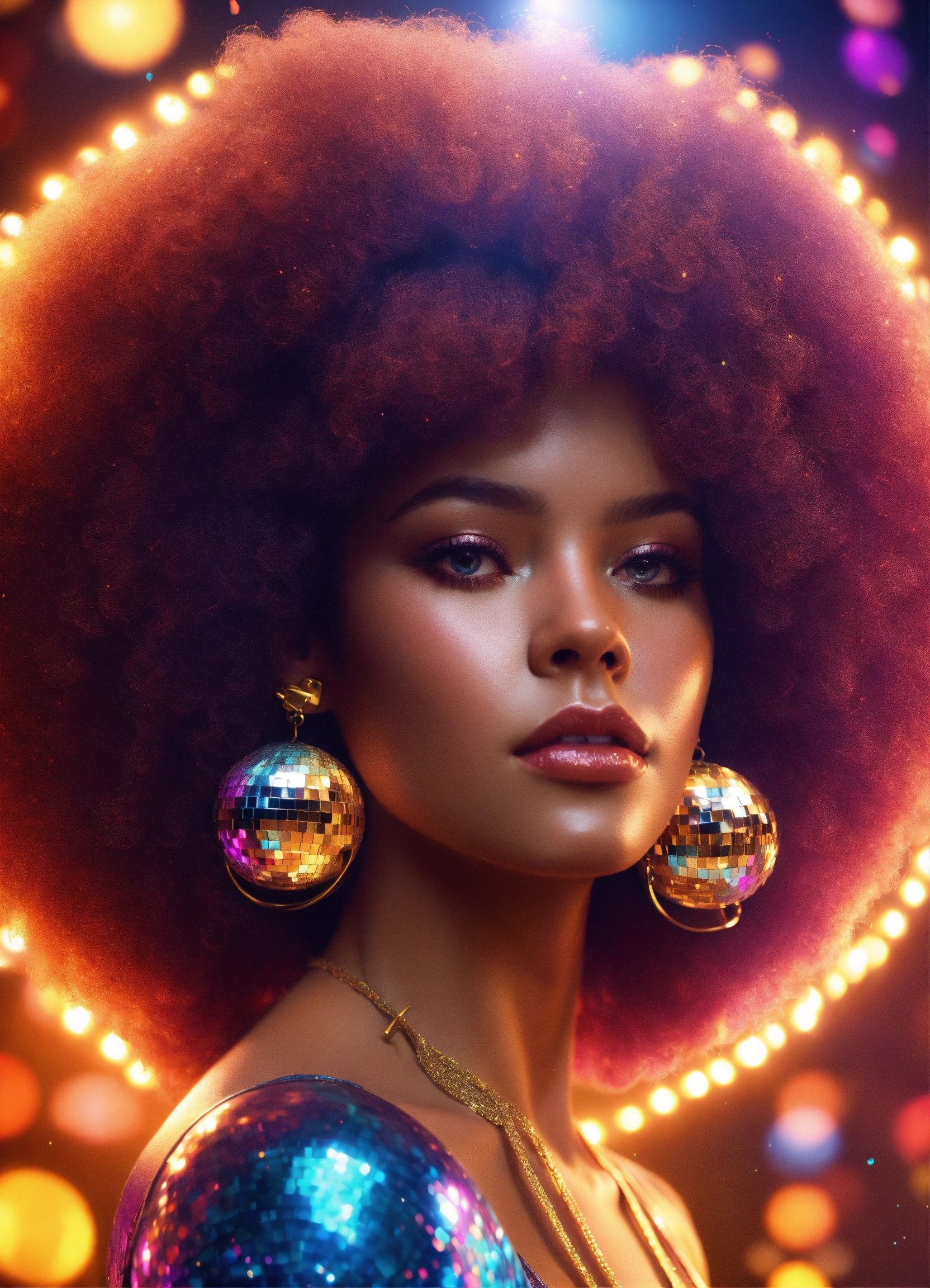 Lexica - "glamorous 70s disco girl", massive afro hair, 70s disco ...