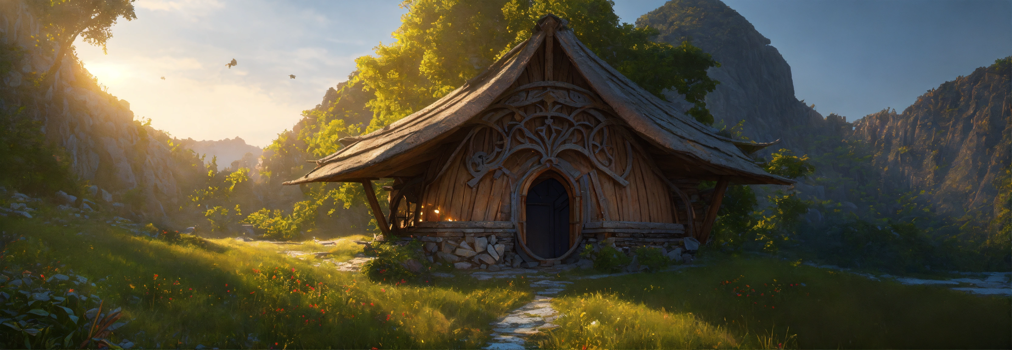 Lexica - CG render, an elven style hut in mystical ruins, with black ...