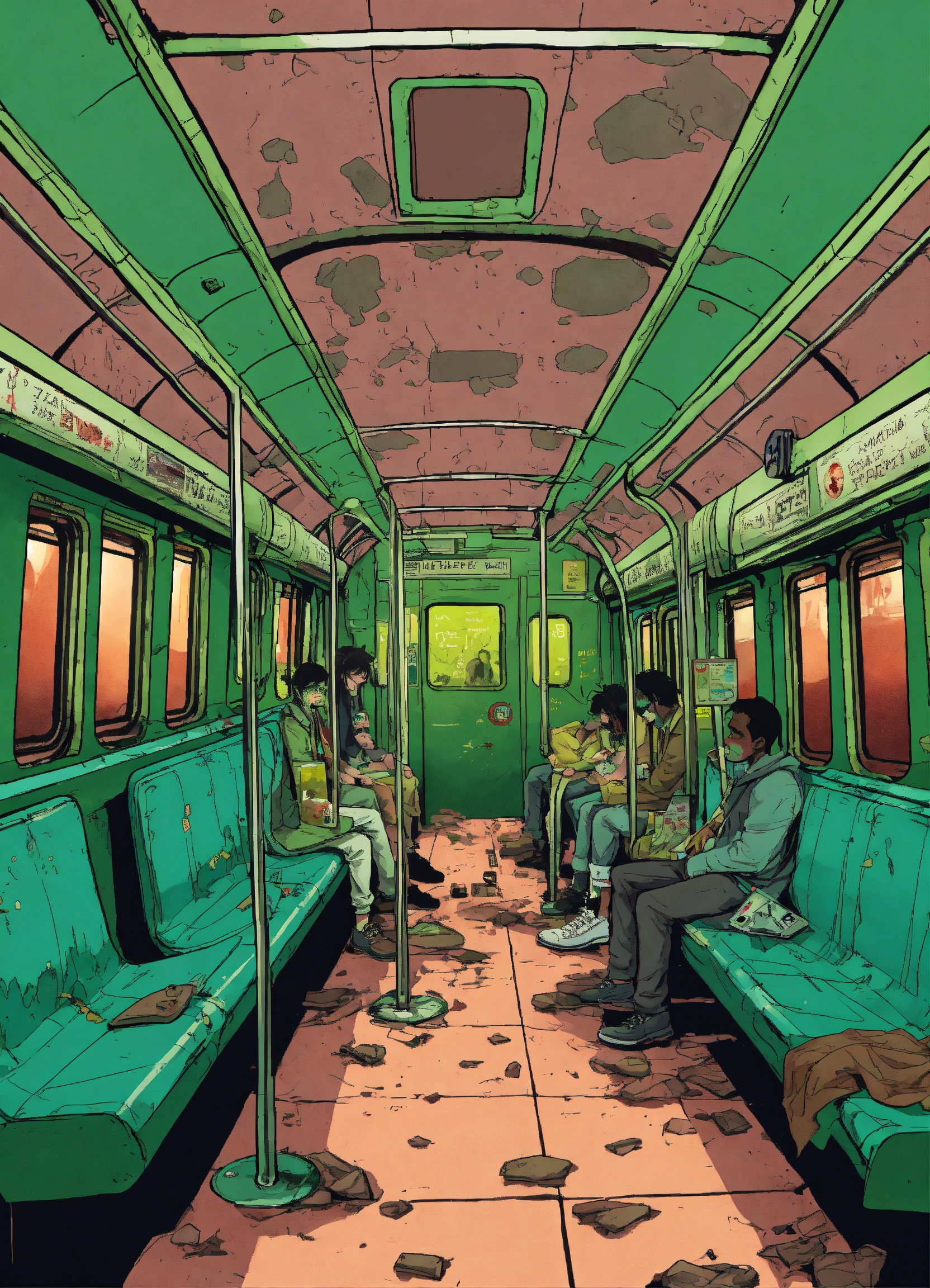 Lexica - Design a comic cartoon poster depicting a subway tunnel bathed ...