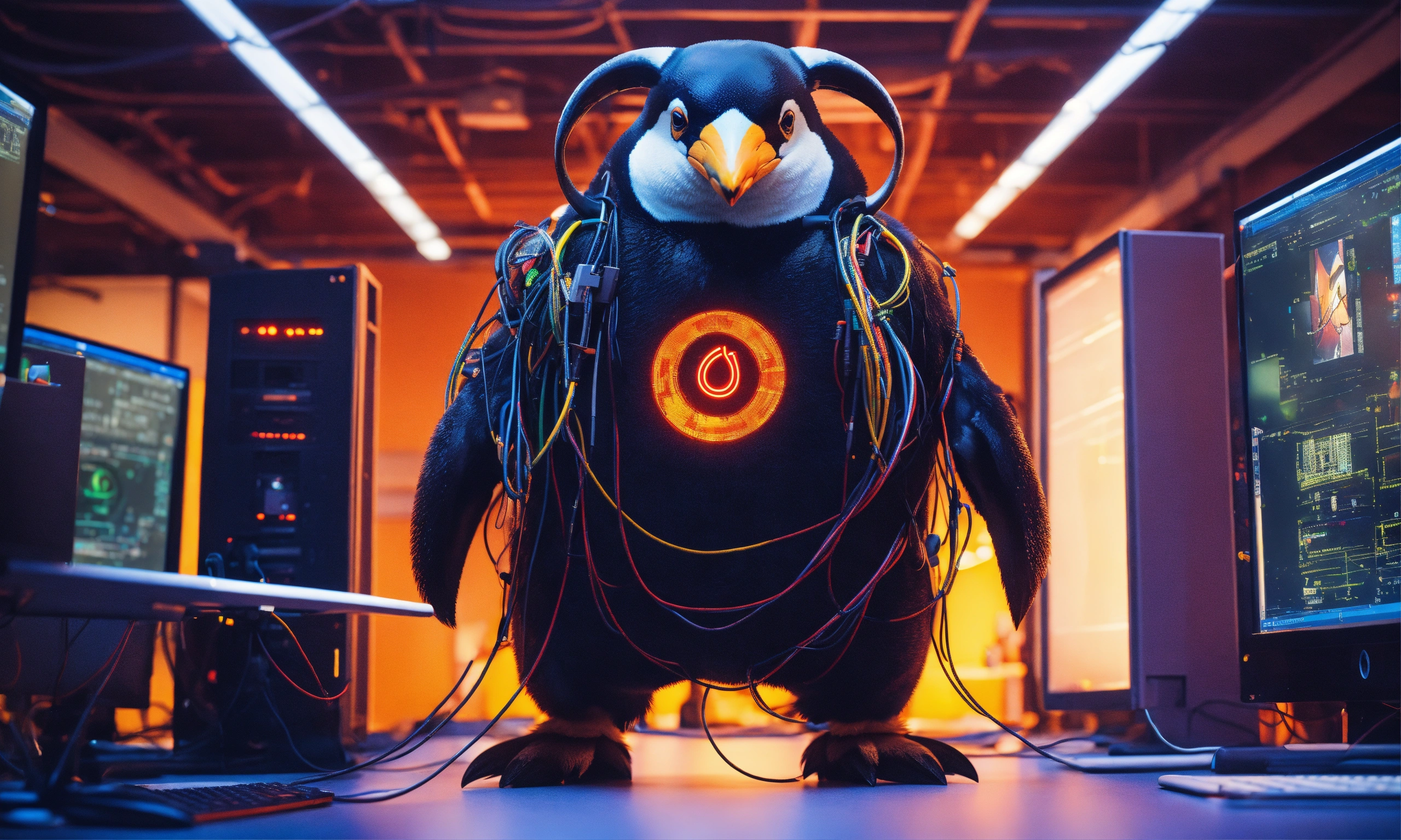 Lexica - A penguin dressed up as a minotaur. Standing in a computer lab ...