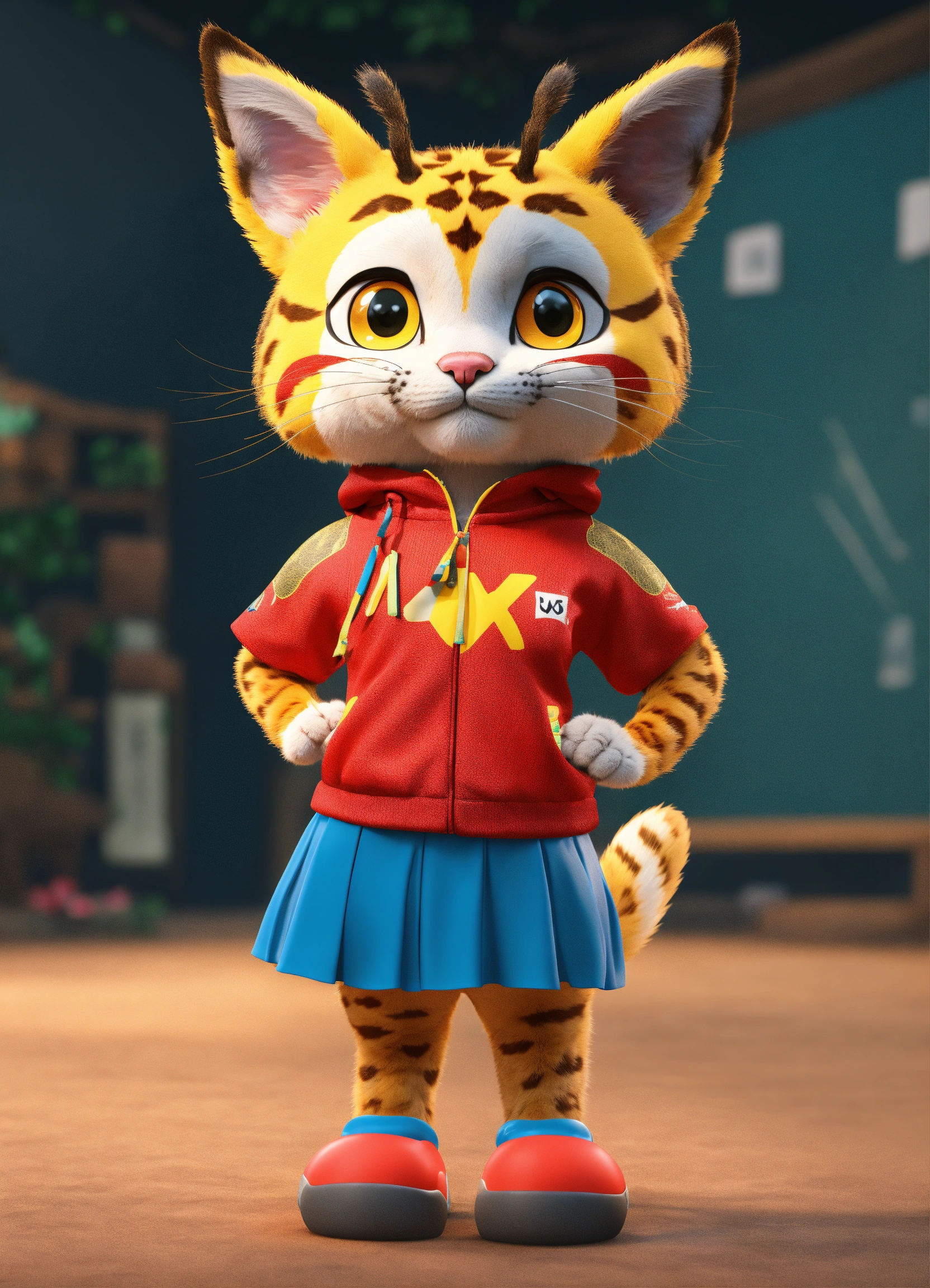 Lexica - Lynx female cat as a mascott, standing straight, wearing red ...