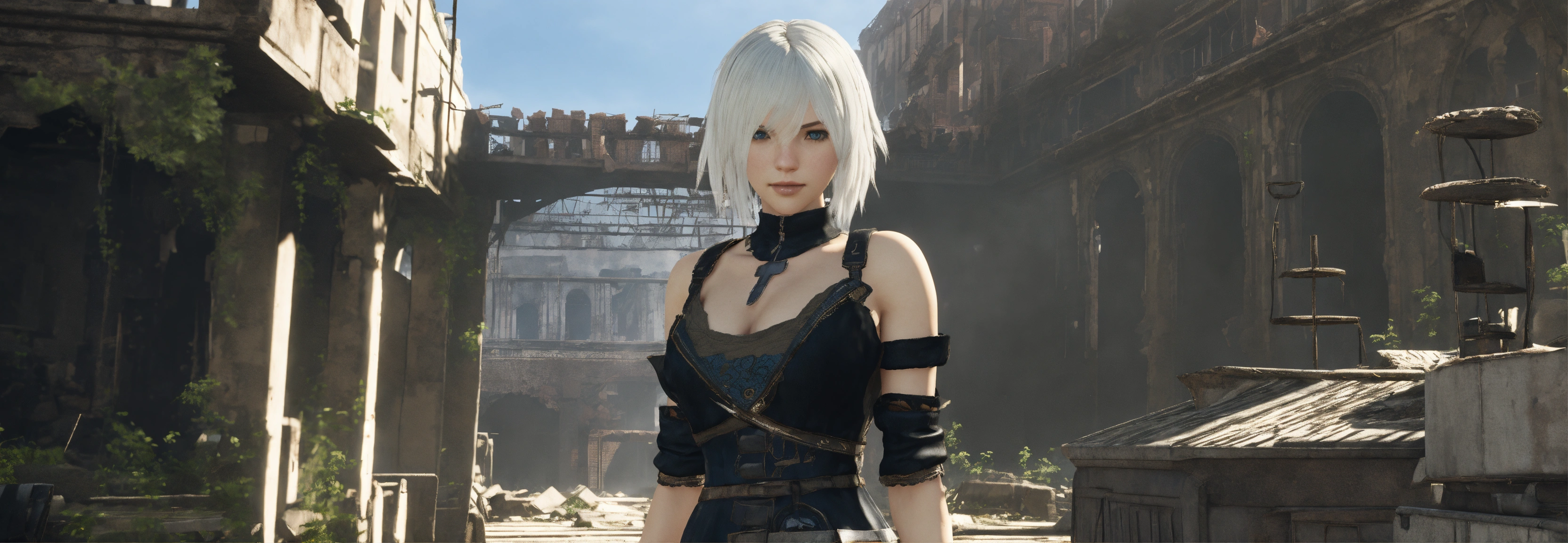 Lexica - Render of nier automata A2 long white hair, blue eyes, in city ...