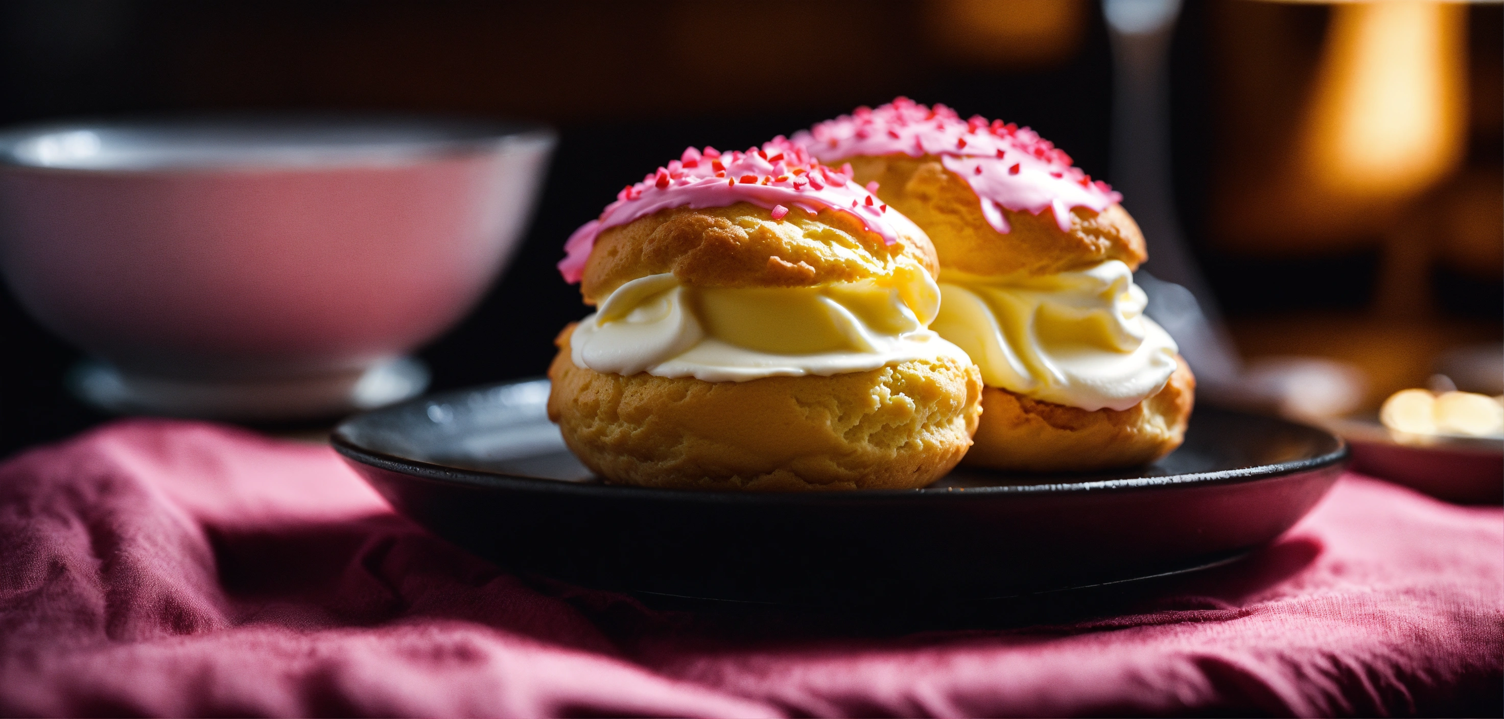 Lexica - Closeup on a cream puff on black plate, selective focus on the ...