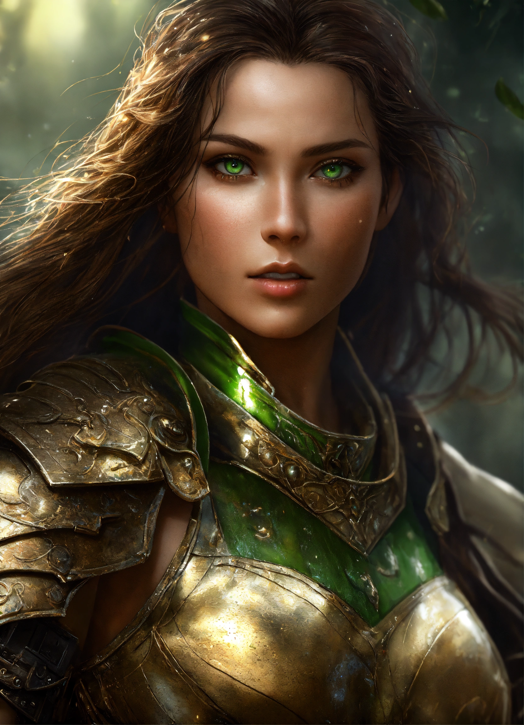 Lexica - Majestic warrior princess in armor, brown hair, green eyes ...