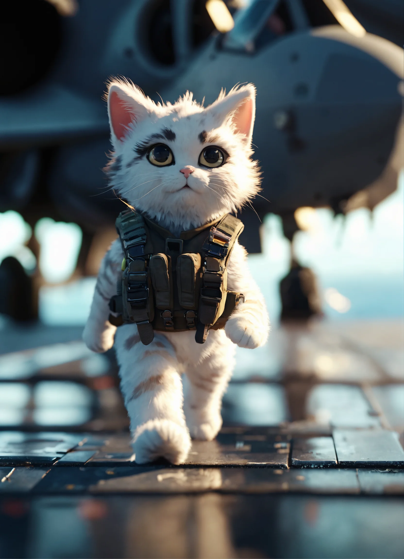 Lexica - A cute fluffy cat pilot walking on a military aircraft carrier ...