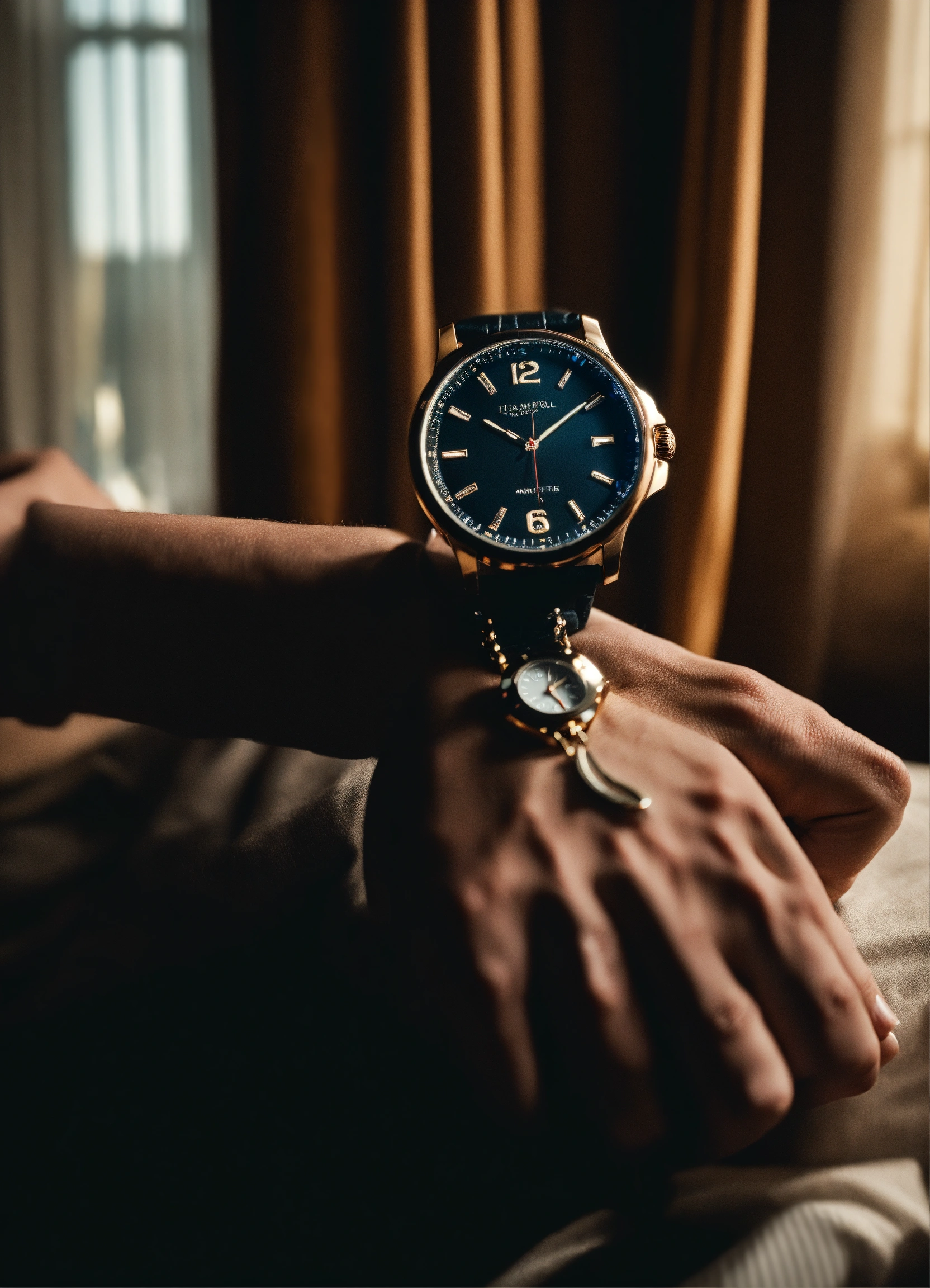 Lexica - Zoom in on handcuffed hands (expensive watch), hotel room in ...