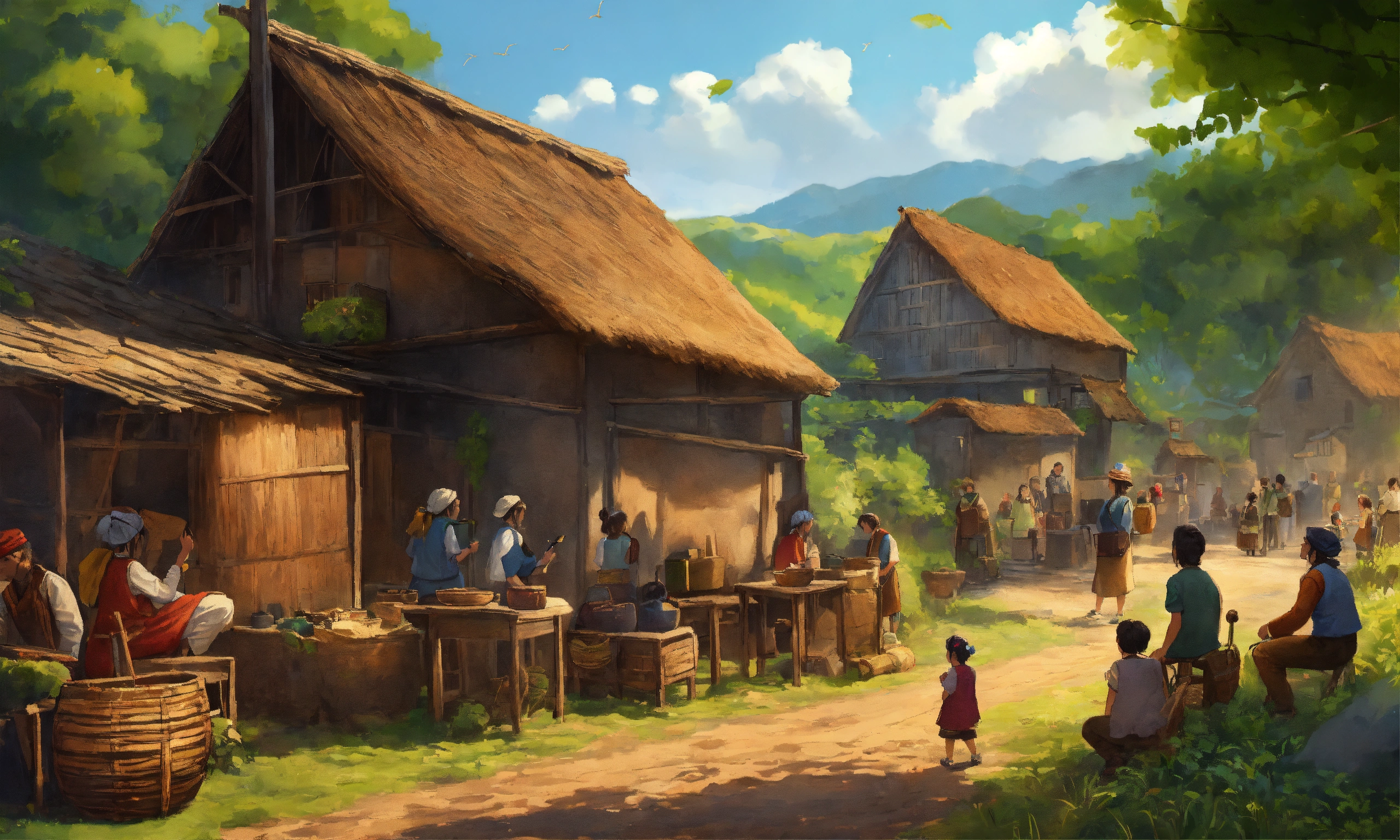 Lexica - Very high detailed 2d illustration villagers in the village ...