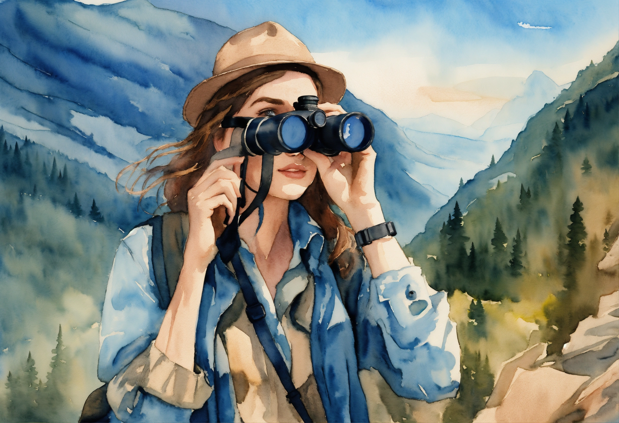 Lexica - Beautiful watercolor style blue, adventurer with binoculars ...